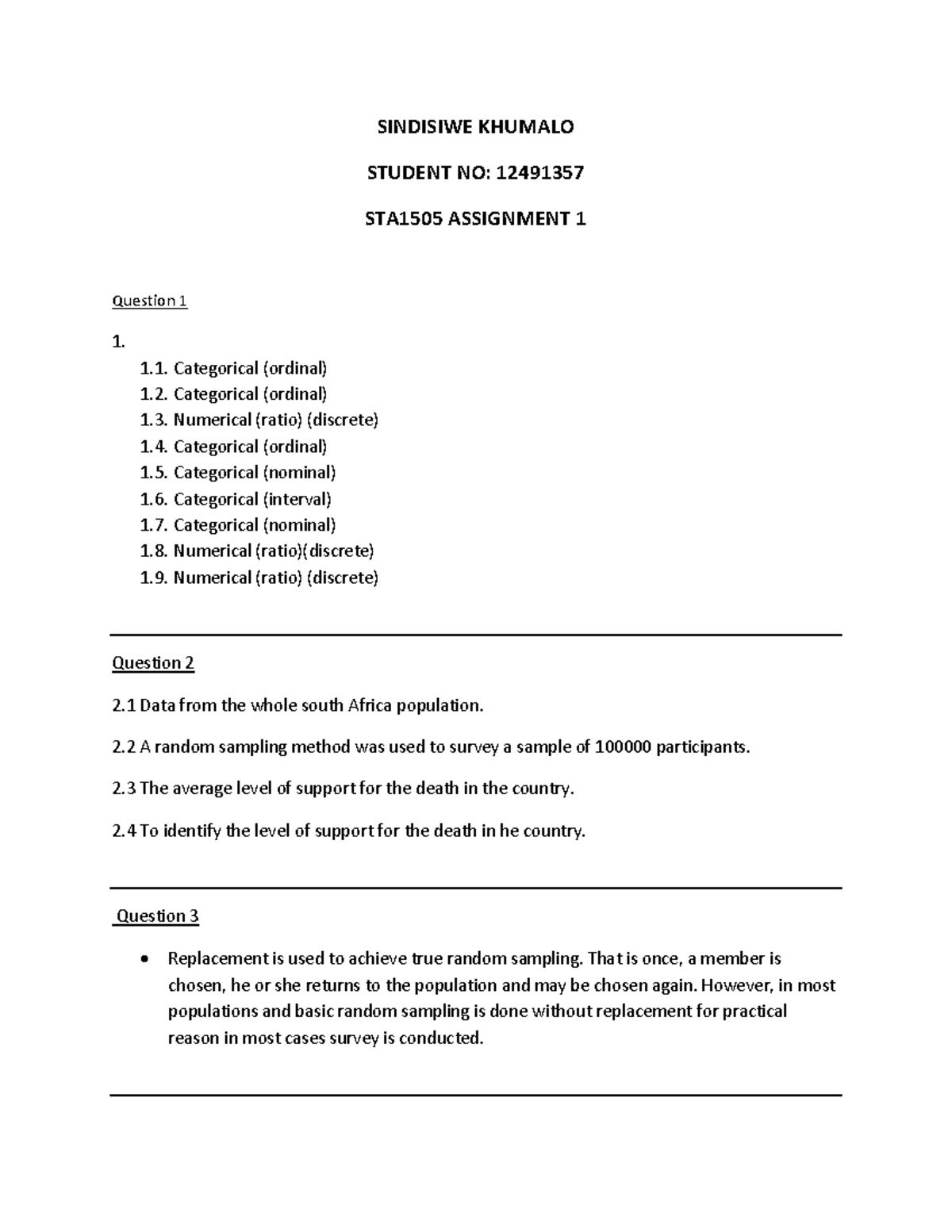 STA1505 ASS 1 - SINDISIWE KHUMALO STUDENT NO: 12491357 STA1505 ...