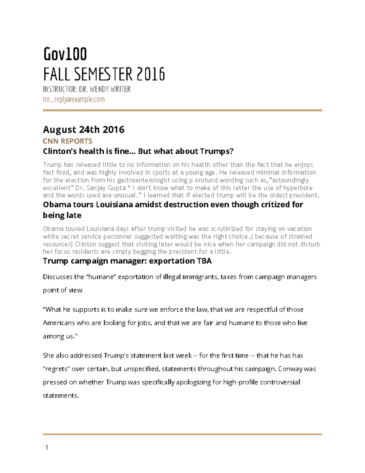 GOV100 8 24 - American Government Notes - Gov100 FALL SEMESTER 2016 ...