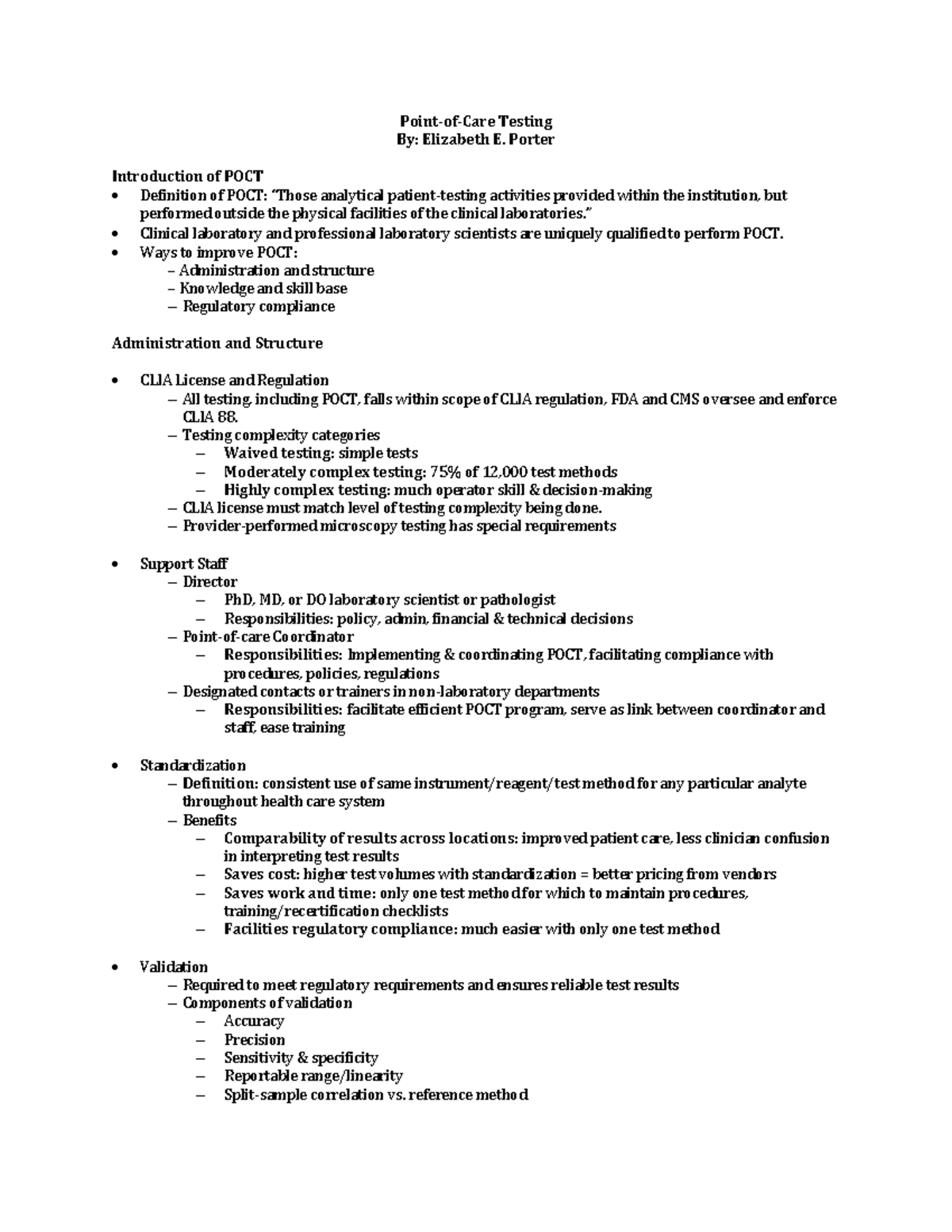 Point-of-Care Testing - Porter Introduction of POCT Definition of POCT:
