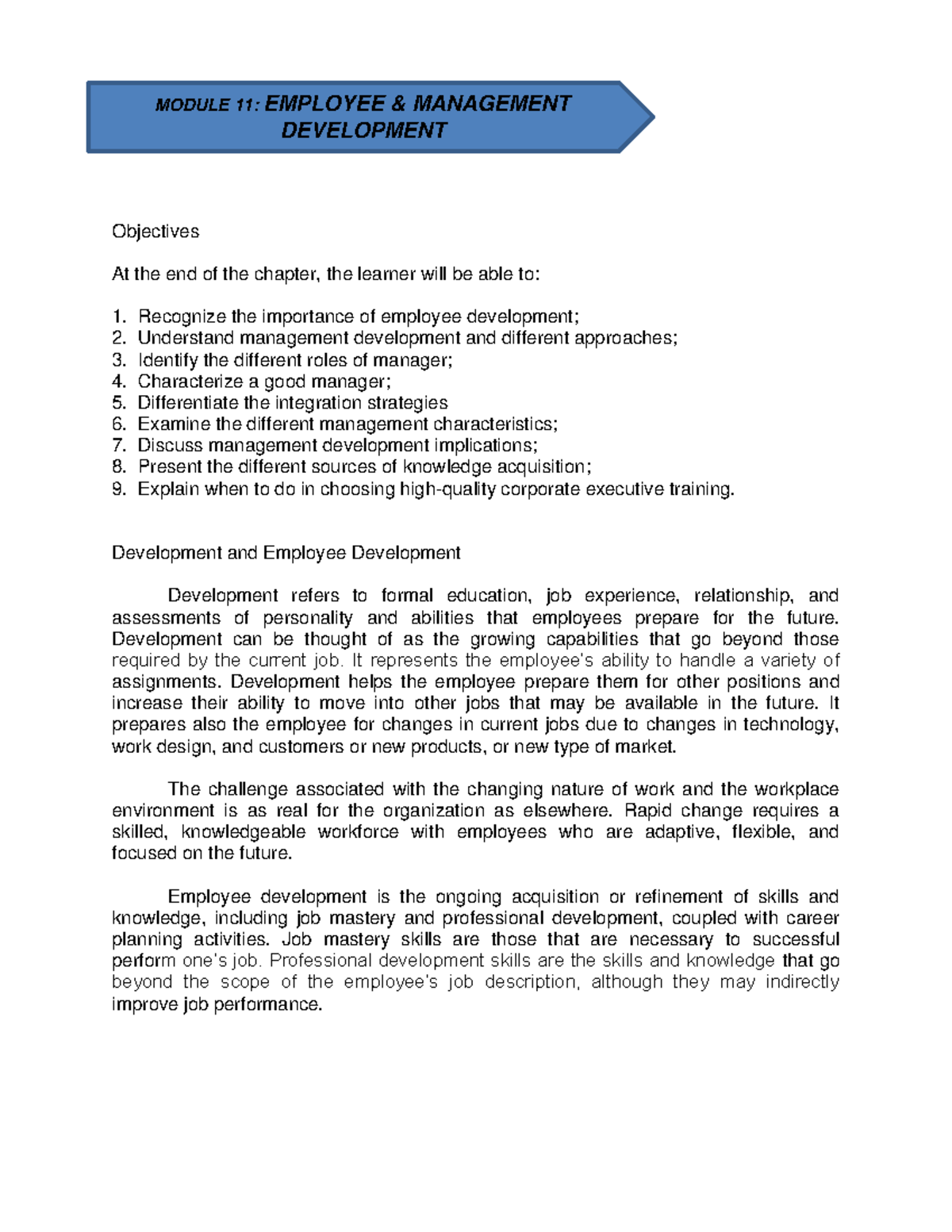 Employee & Management Development - Objectives At the end of the ...