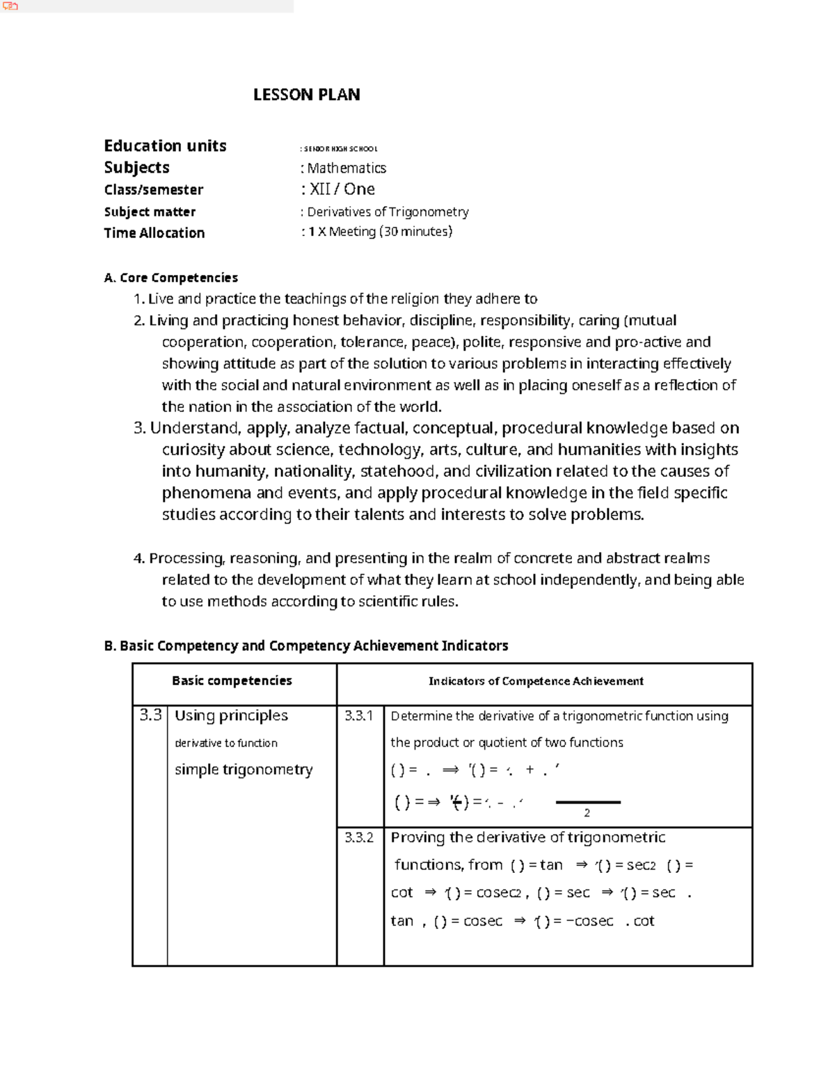 01 Derivatives of Trigonometry - LESSON PLAN Education units Subjects ...