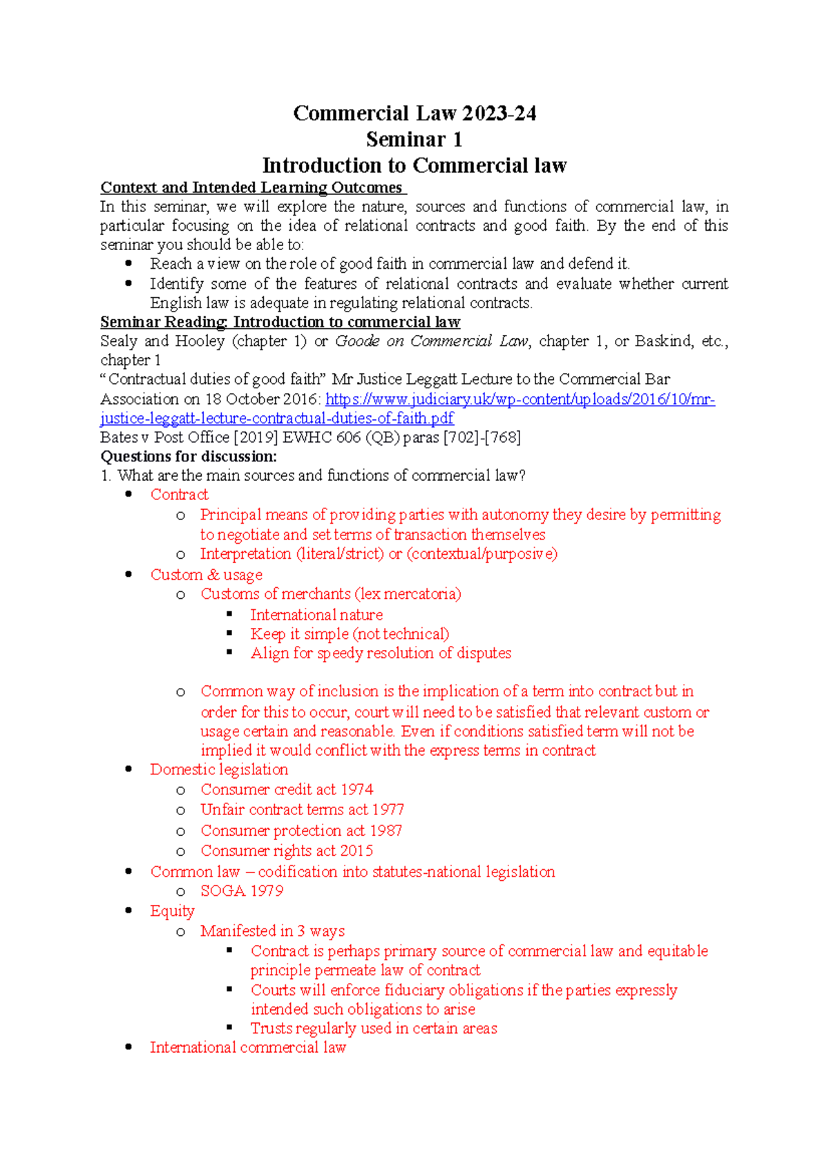 Seminar 1 introduction to commercial law - Commercial Law 2023- Seminar ...