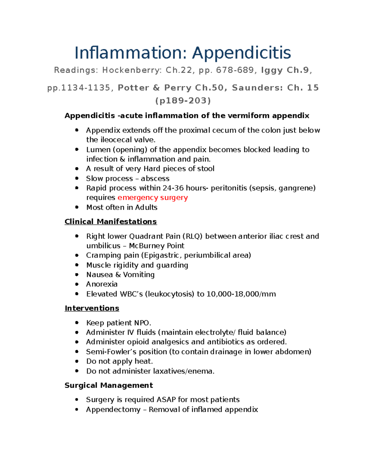 Appendicitis - Notes - Inflammation: Appendicitis Readings: Hockenberry ...