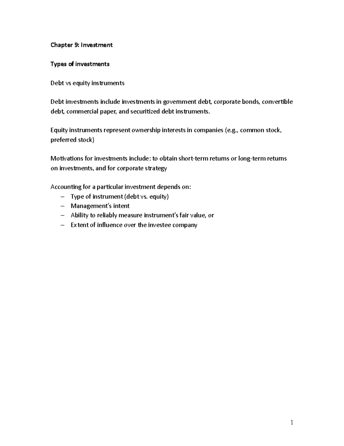 Chapter 9 note with answers - Chapter 9: Investment Types of ...