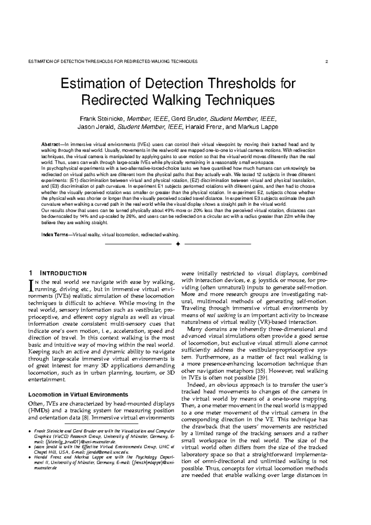 Vr Redirected Walking Techniques Estimation Of Detection Thresholds For Redirected Walking
