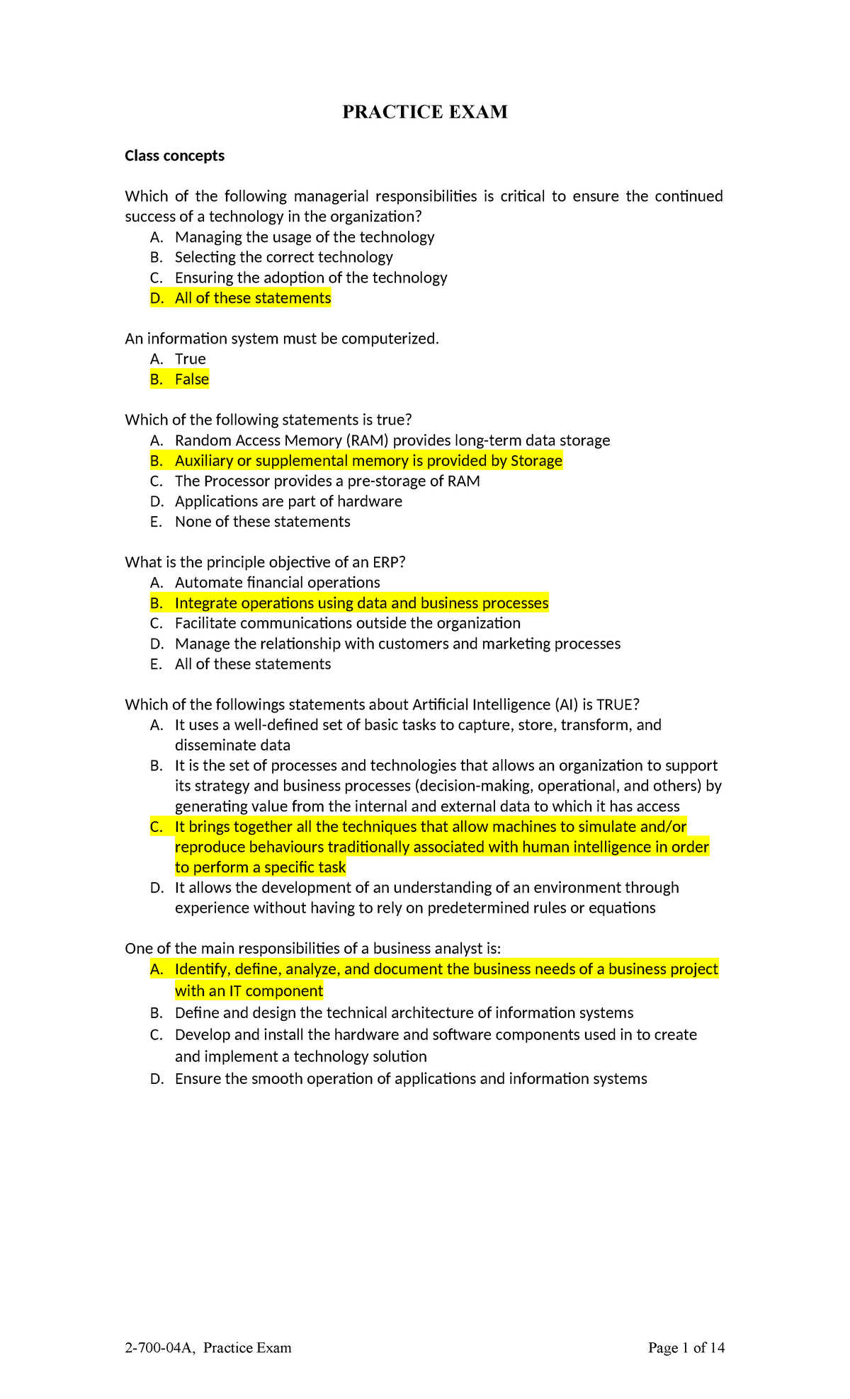Practice Exam with Solutions 1 - PRACTICE EXAM Class concepts Which of ...