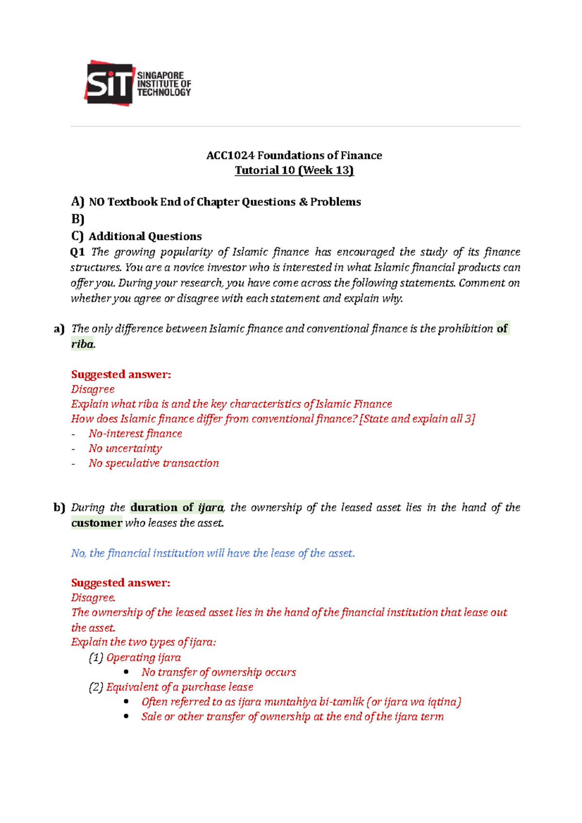 Tutorial 10 (Week 13) - ACC1024 Foundations of Finance Tutorial 10 (Week 13) A) NO Textbook End ...