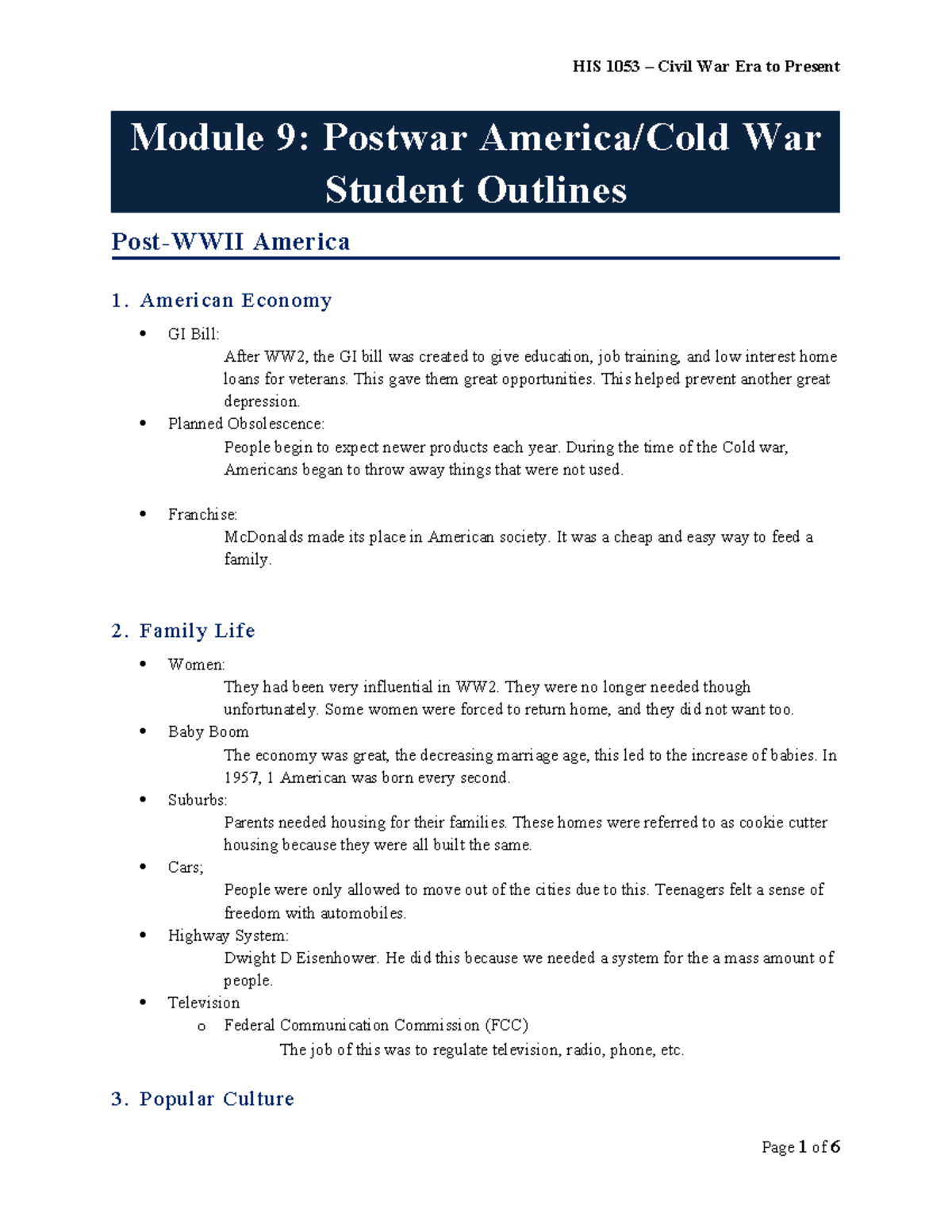 Module 9 Postwar America and Cold War Student Outlines - Module 9 ...