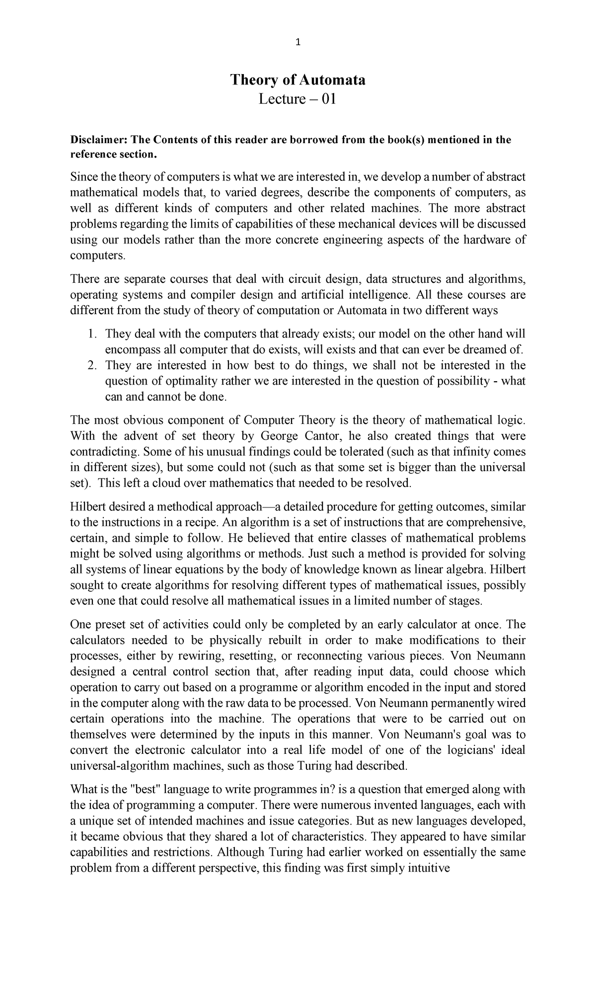 Lecture 01 Theory Of Automata Lecture 01 Disclaimer The Contents Of This Reader Are
