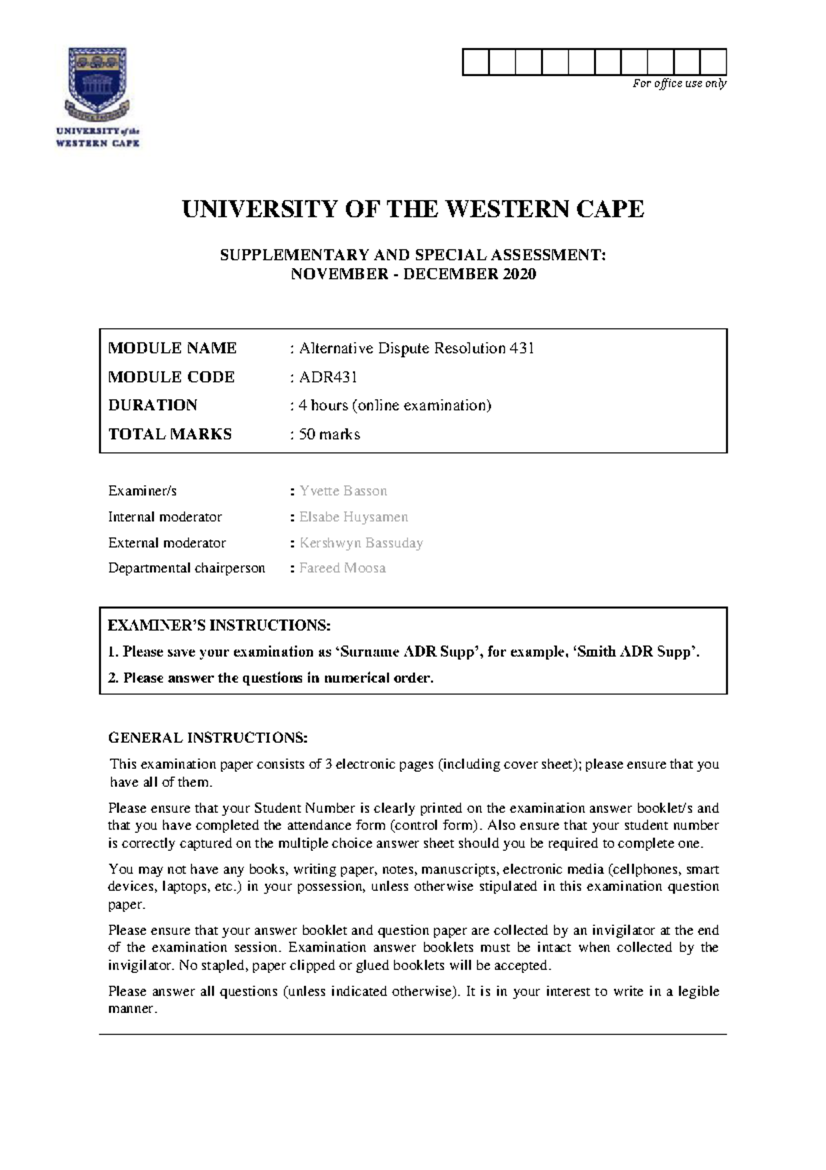 ADR431 2020 11 SU SP - adr - For office use only UNIVERSITY OF THE ...