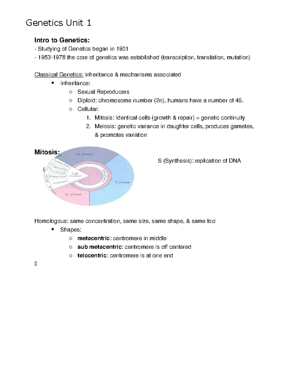 Unit 1 Notes - Genetics Unit 1 Intro to Genetics: Studying of Genetics ...