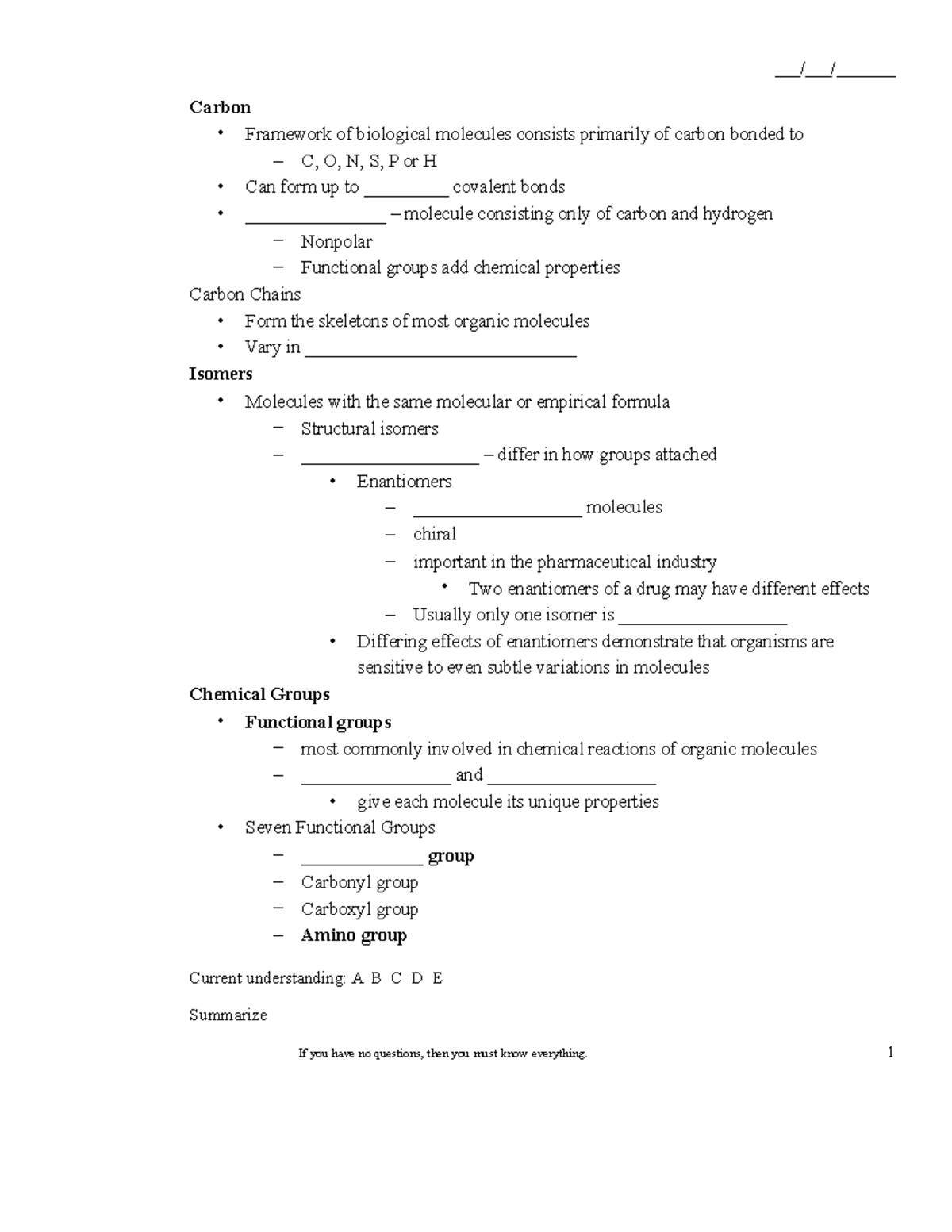 Chapter 3 - Macromolecule Notes - Carbon - Framework of biological ...