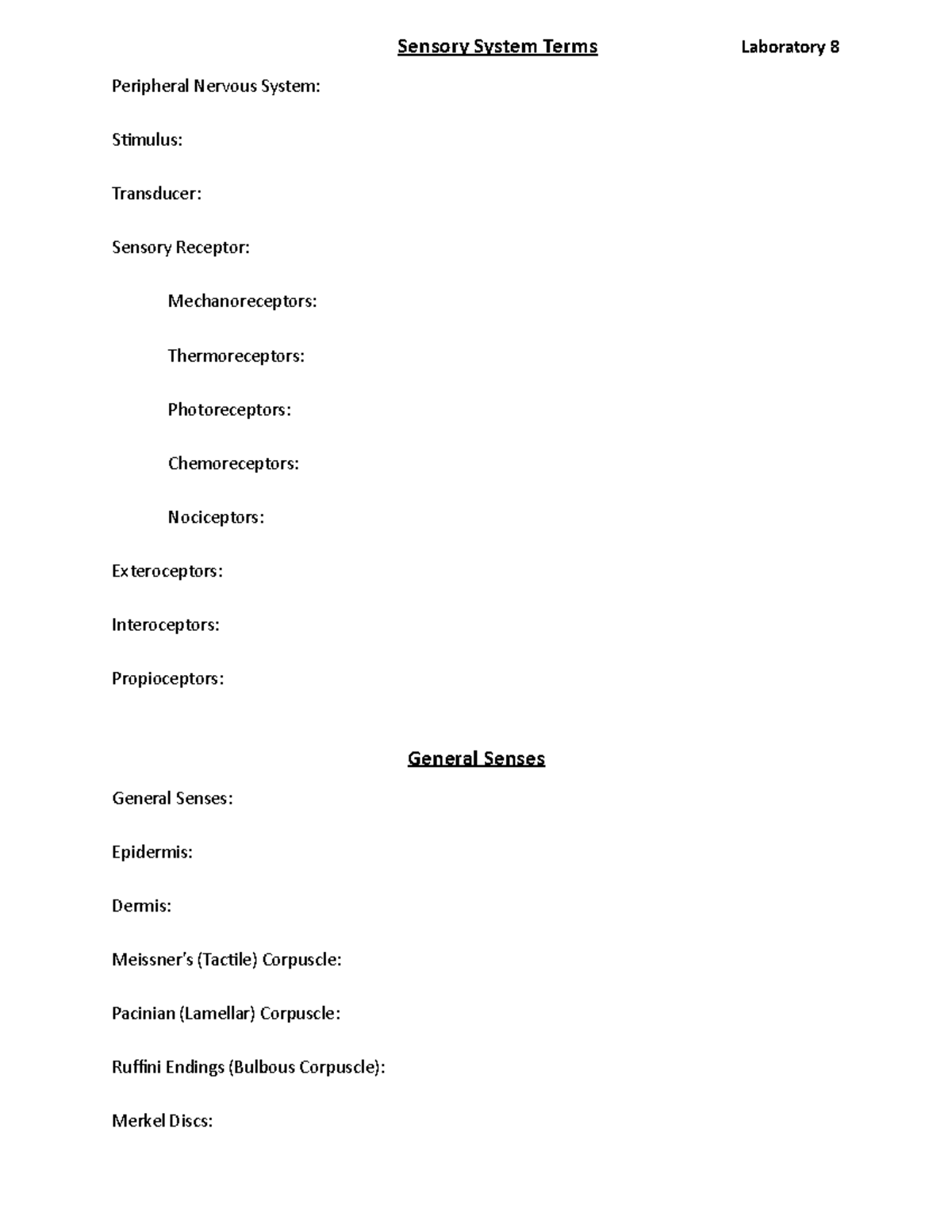 Sensory Outline 12-13-19-1 - Sensory System Terms Laboratory 8 ...
