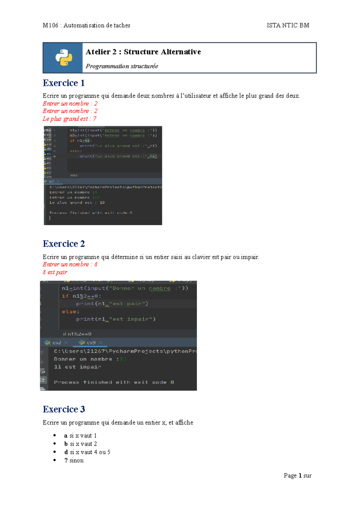 Atelier 02 - qwertyujhgfdsxcvbiuy - Atelier 2 : Structure Alternative Programmation structurée ...