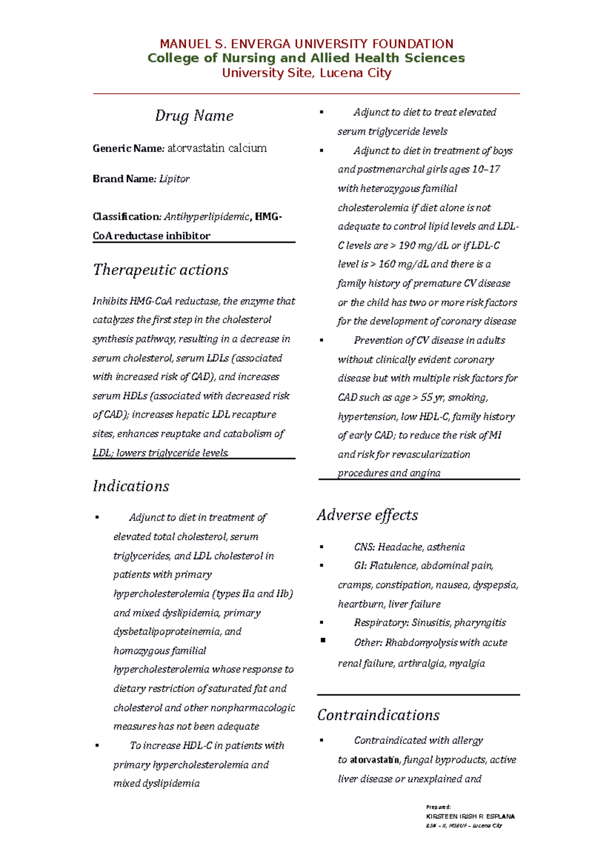 Atorvastatin calcium - DRUG Study - MANUEL S. ENVERGA UNIVERSITY ...