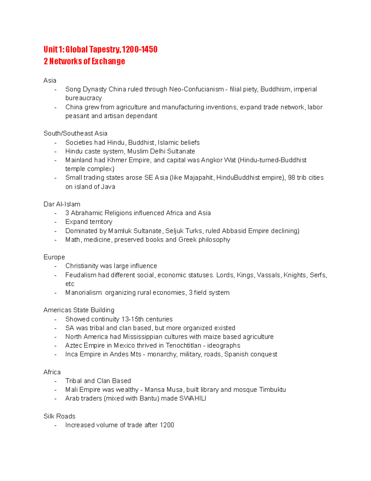 WHAP main points review - Unit 1: Global Tapestry, 1200- 2 Networks of ...