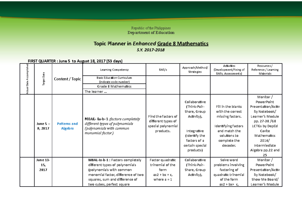 Topic Planner (Budget of work) in Mathematics Grade 8 - Republic of the ...