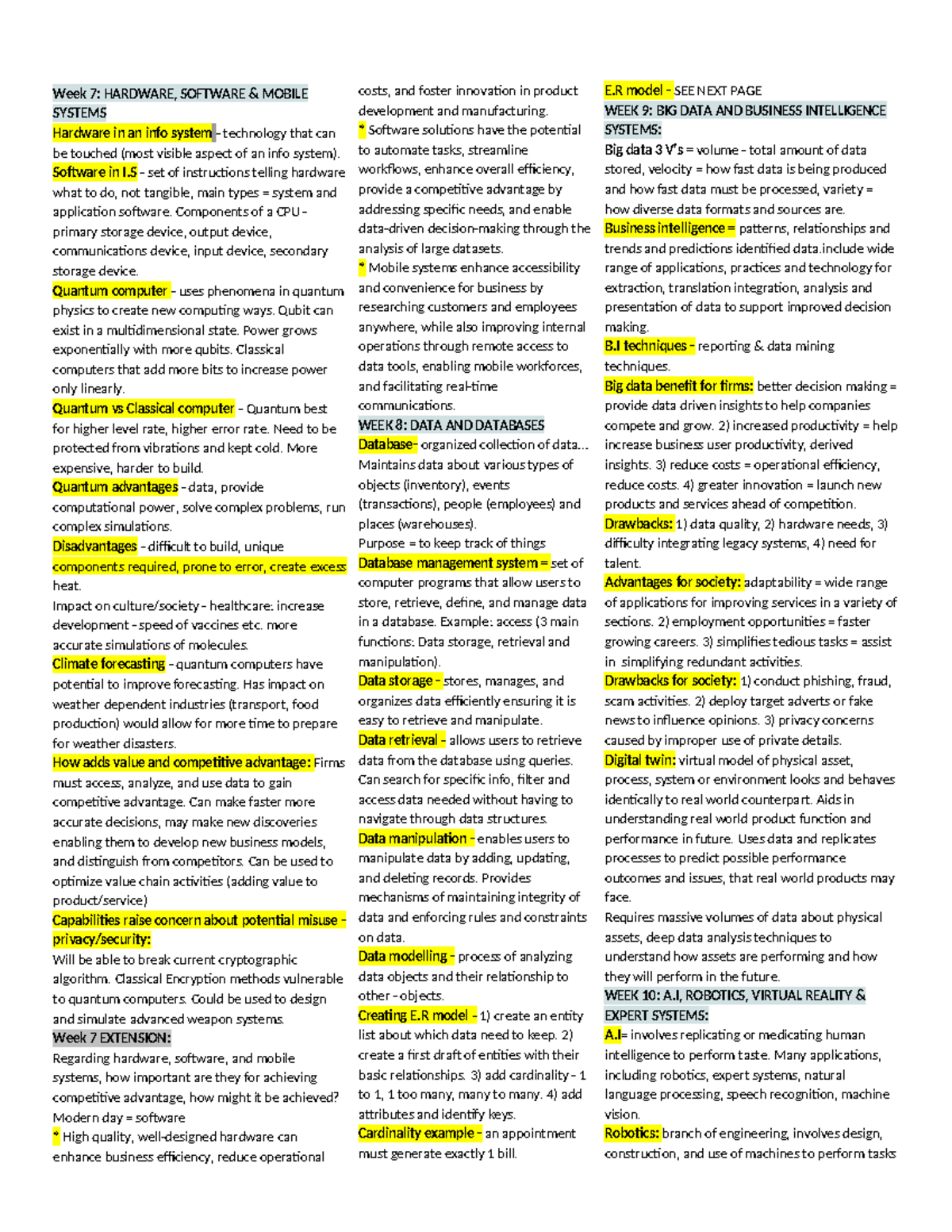 Info cheat sheet - Week 7: HARDWARE, SOFTWARE & MOBILE SYSTEMS Hardware ...