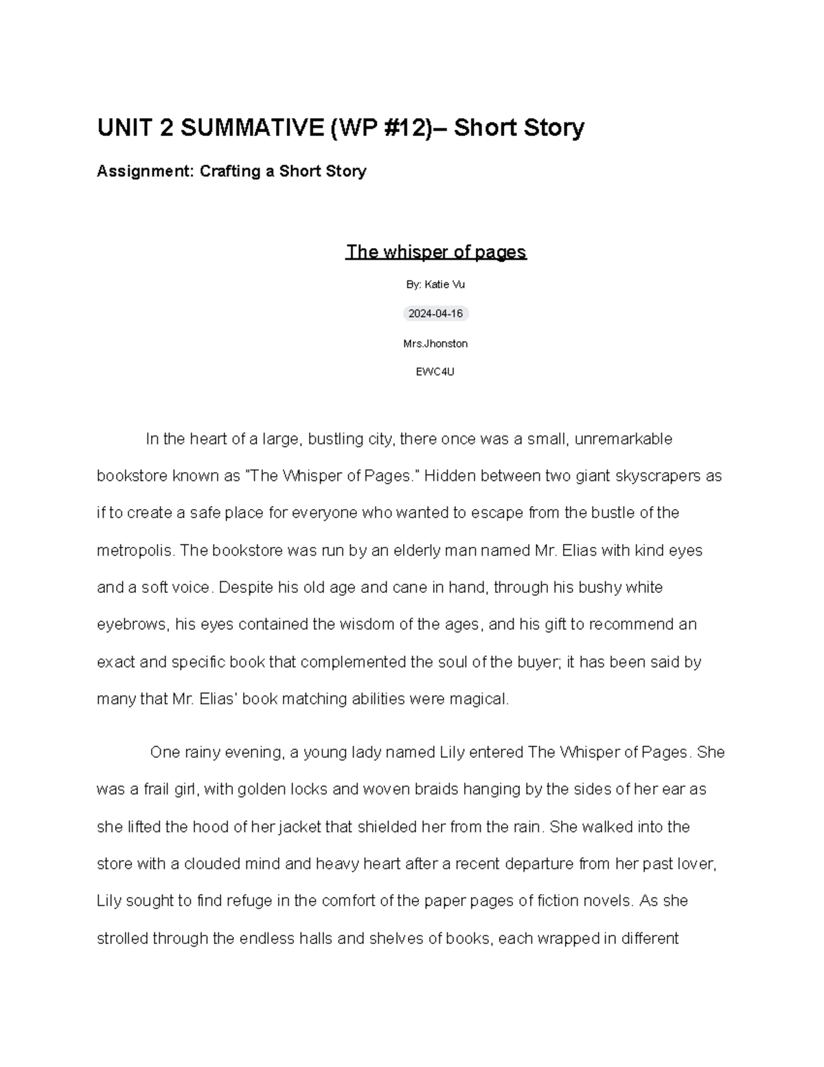 UNIT 2 Summative (WP #12)– Short Story - UNIT 2 SUMMATIVE (WP #12 ...
