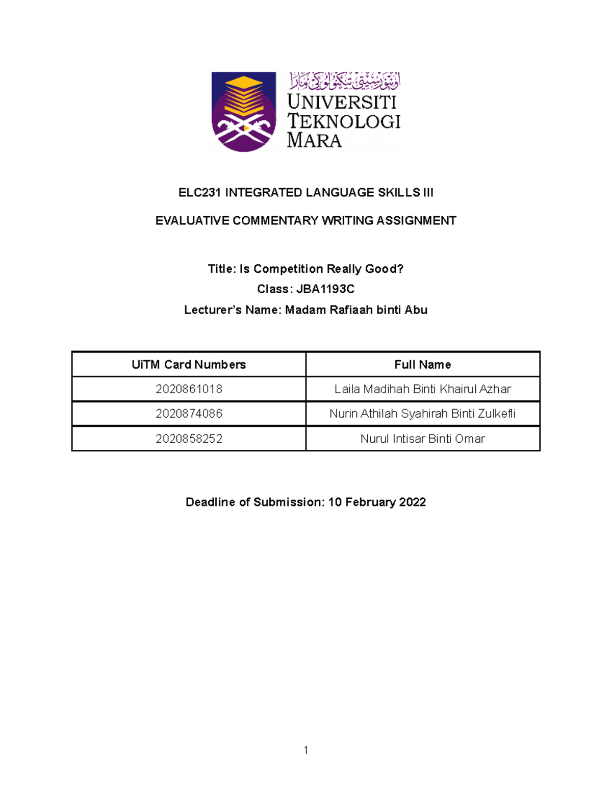 Evaluative Commentary Writing - ELC231 INTEGRATED LANGUAGE SKILLS III EVALUATIVE COMMENTARY ...