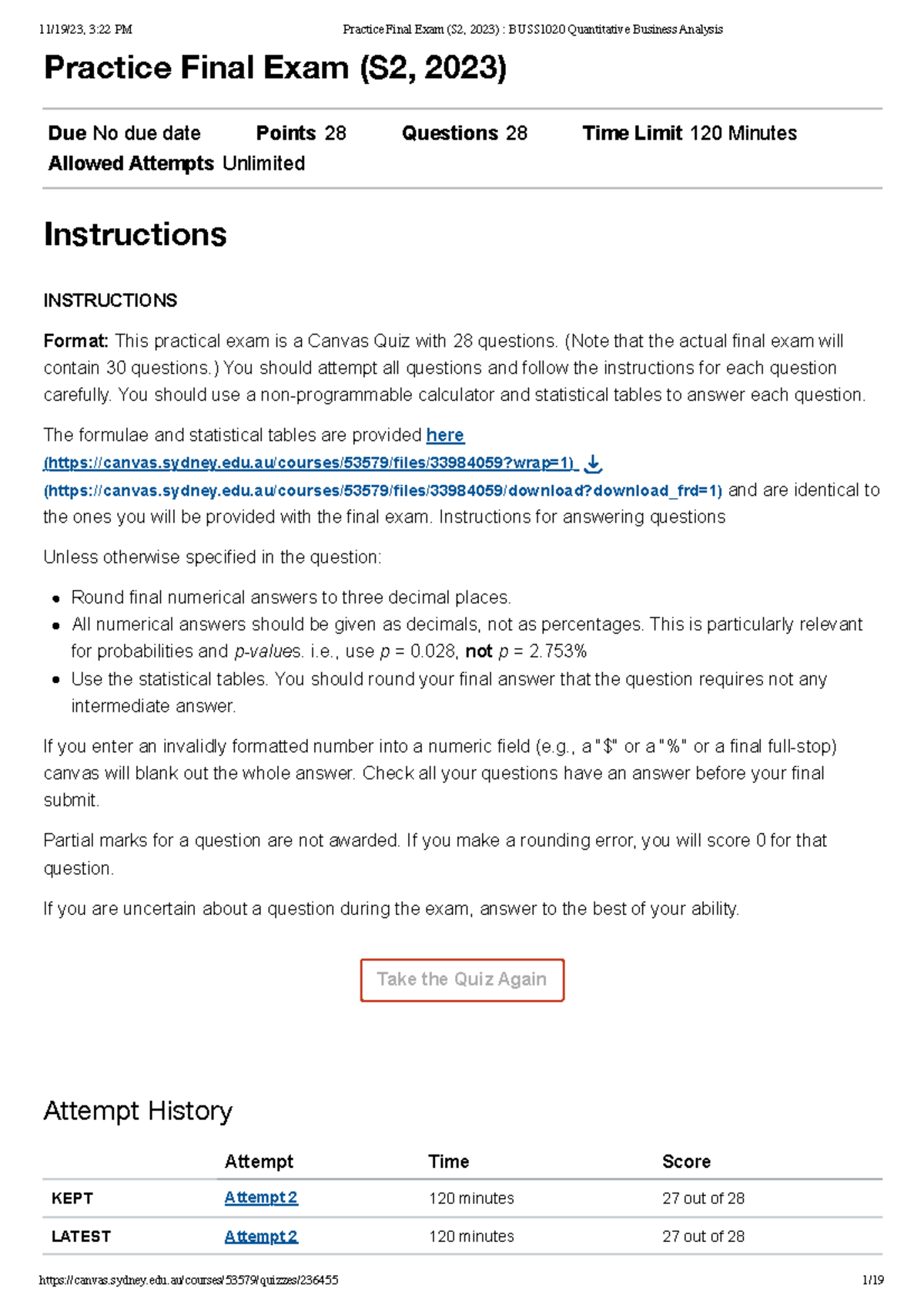 Practice Final Exam (S2, 2023) BUSS1020 Quantitative Business Analysis ...
