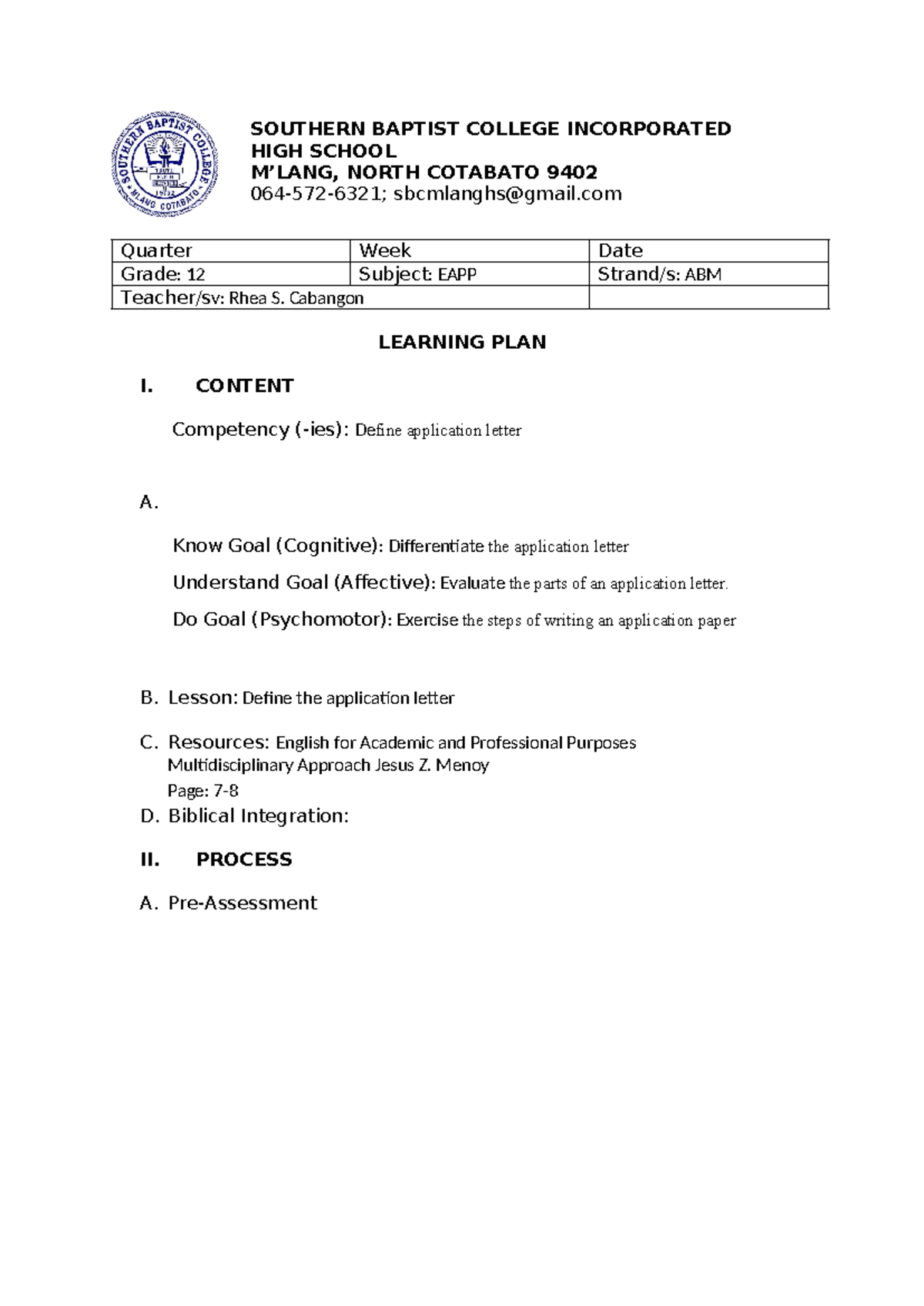 Application letter-Learning-Plan - Quarter Week Date Grade: 12 Subject ...