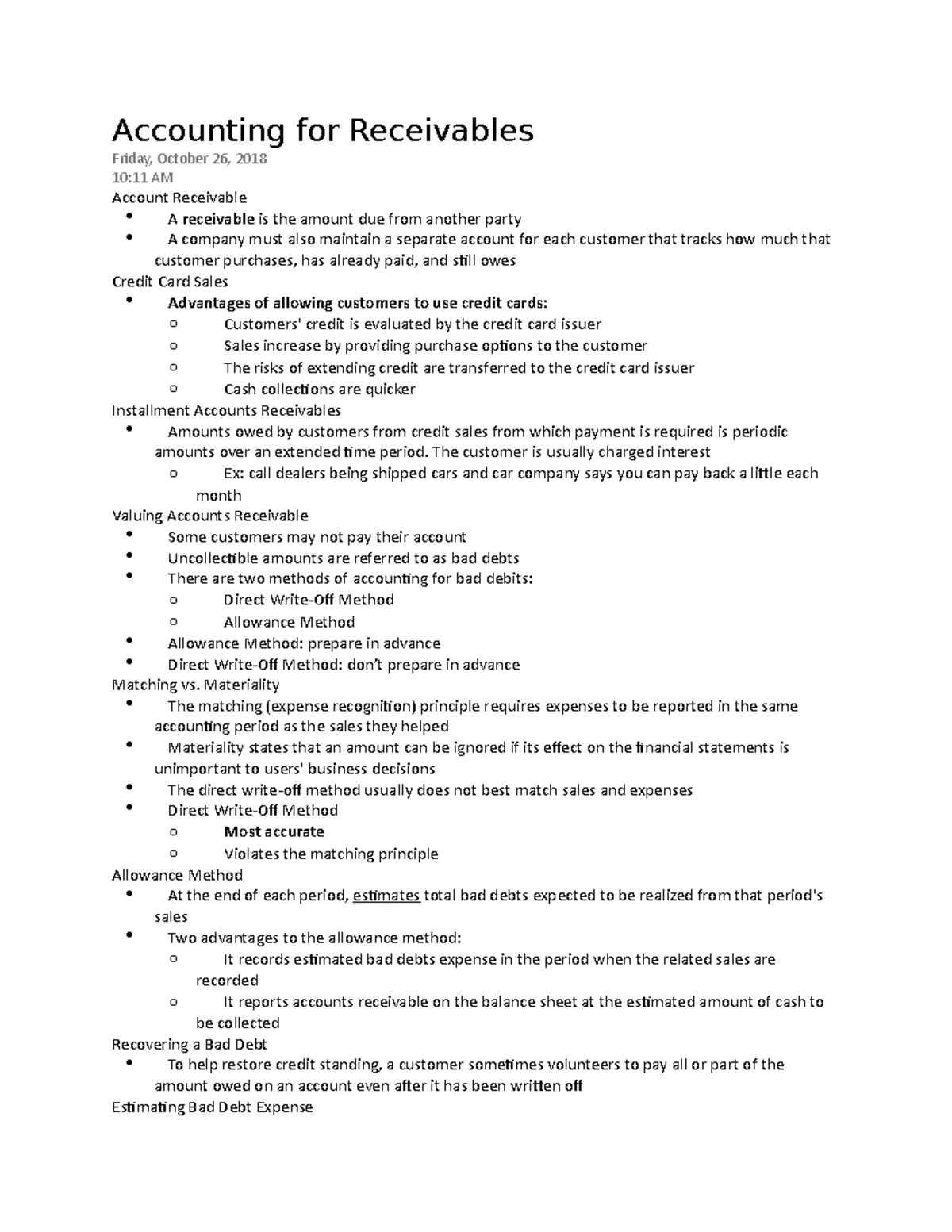 Chapter 9 Notes - Accounting for Receivables Friday, October 26, 2018 ...