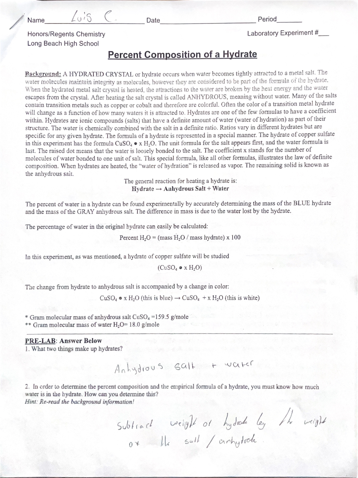 Percent Composition of a Hydrate - Studocu