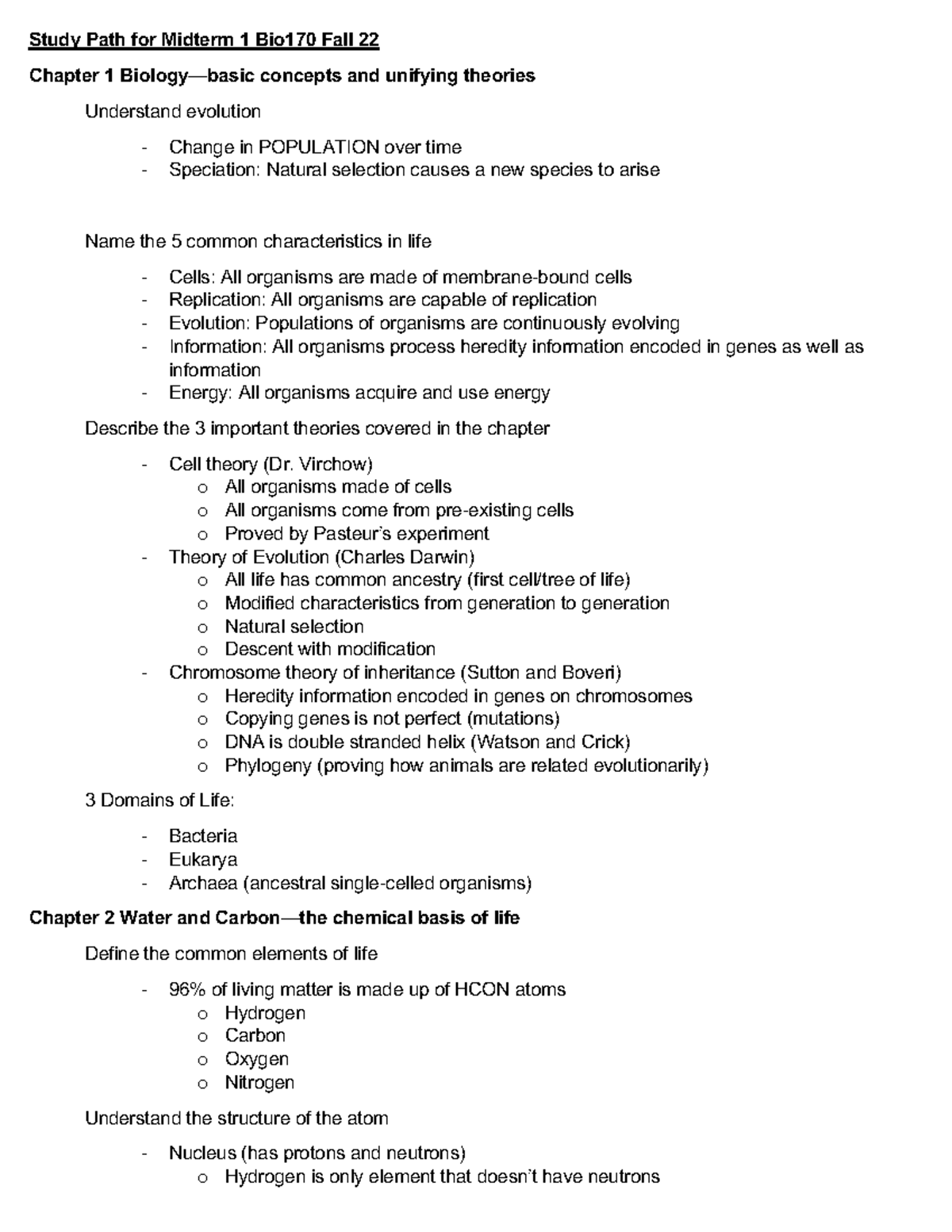 Bio 170 Midterm 1 Study Path - Study Path for Midterm 1 Bio170 Fall 22 ...