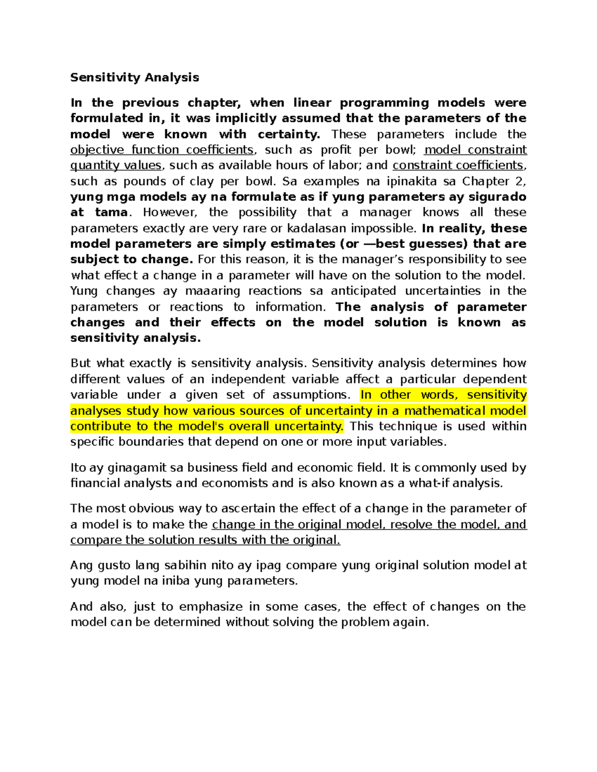 Sensitivity Analysis These Parameters Include The Objective Function