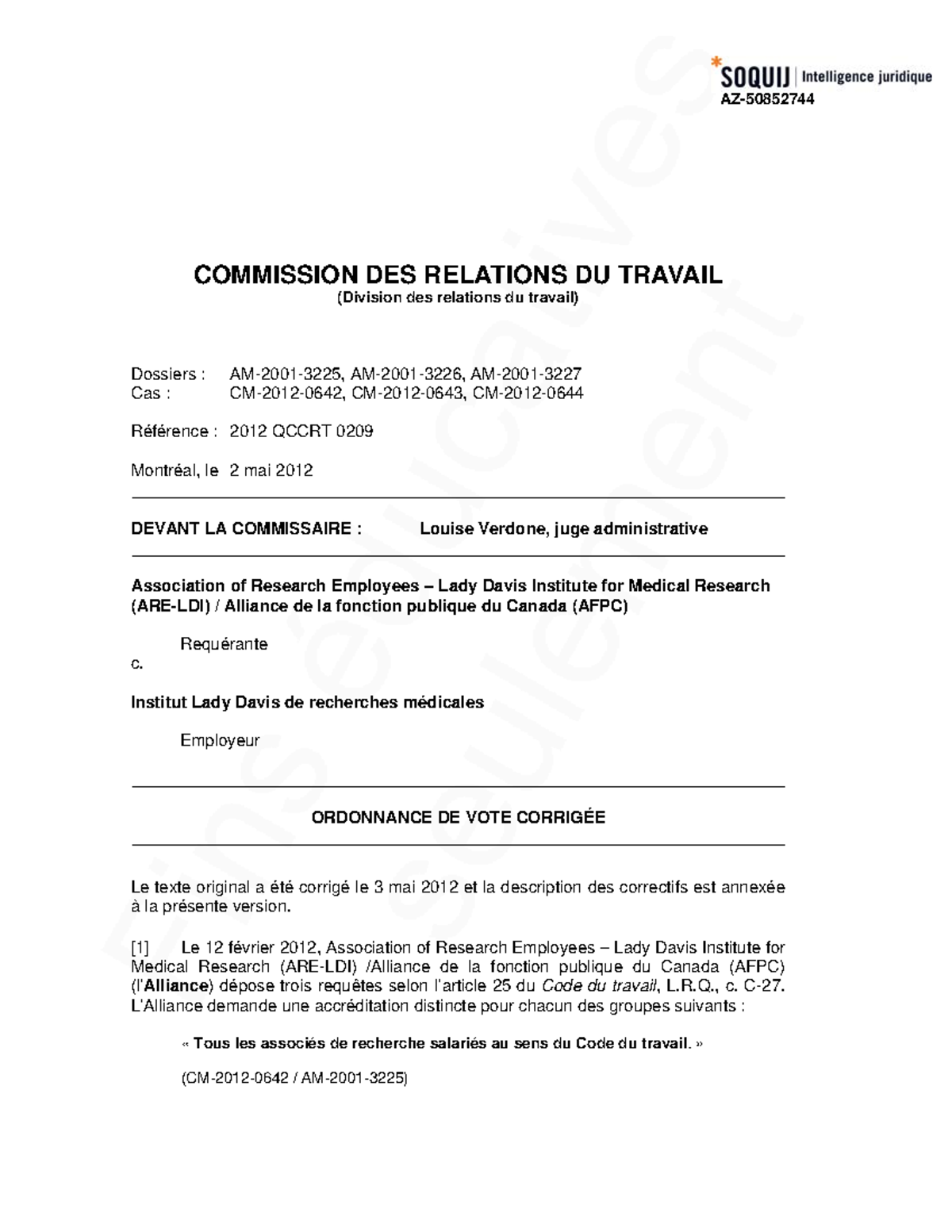 Lady Davis AFPC-12-CRT - COMMISSION DES RELATIONS DU TRAVAIL (Division ...