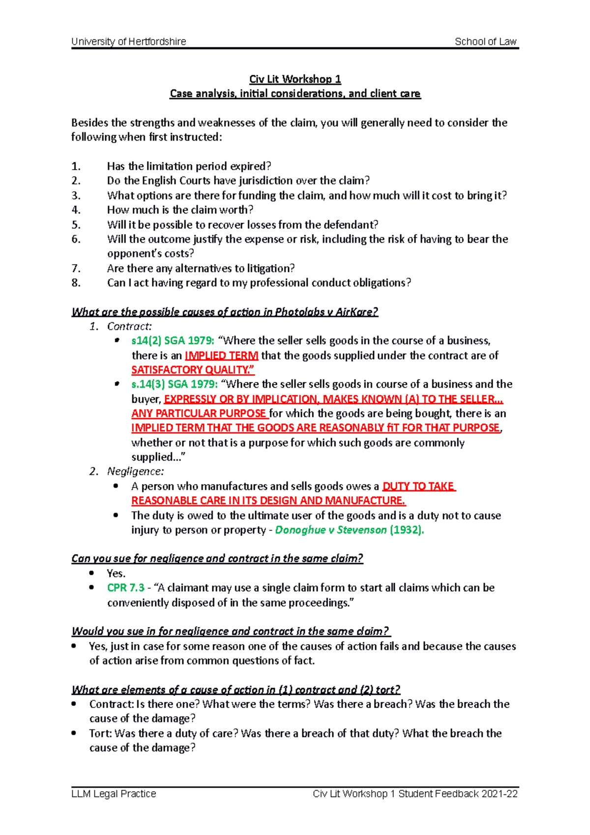 Workshop 1 - Initial Case Analysis and Considerations - Civ Lit ...