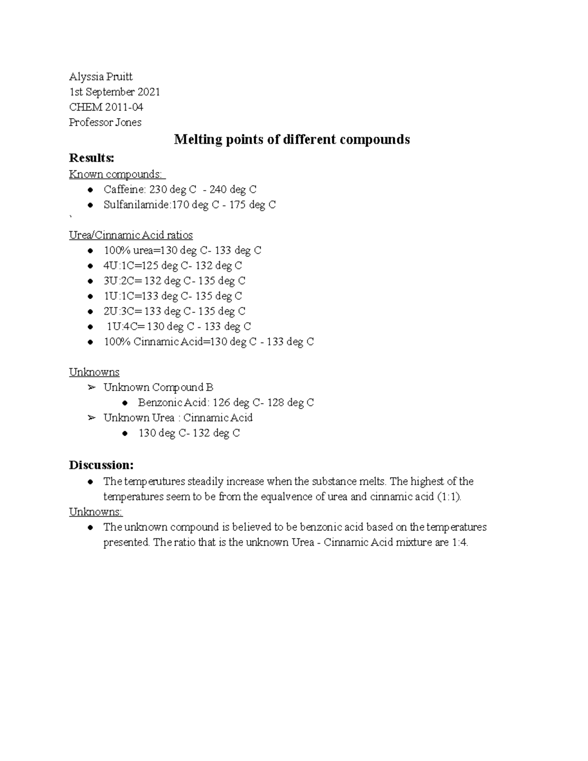 Melting point lab (experiment 1) - Alyssia Pruitt 1st September 2021 ...