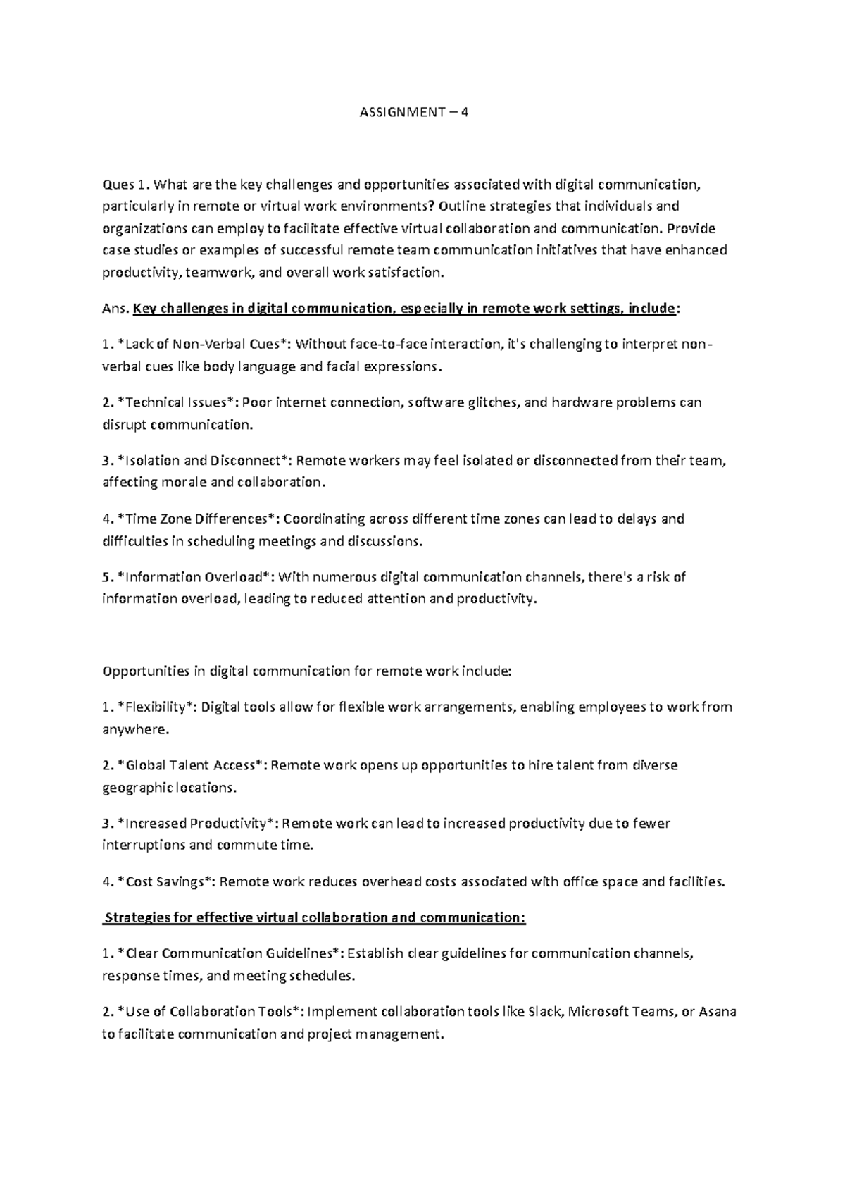 Assignment 4 workplace dynamic - ASSIGNMENT – 4 Ques 1. What are the key challenges and - Studocu