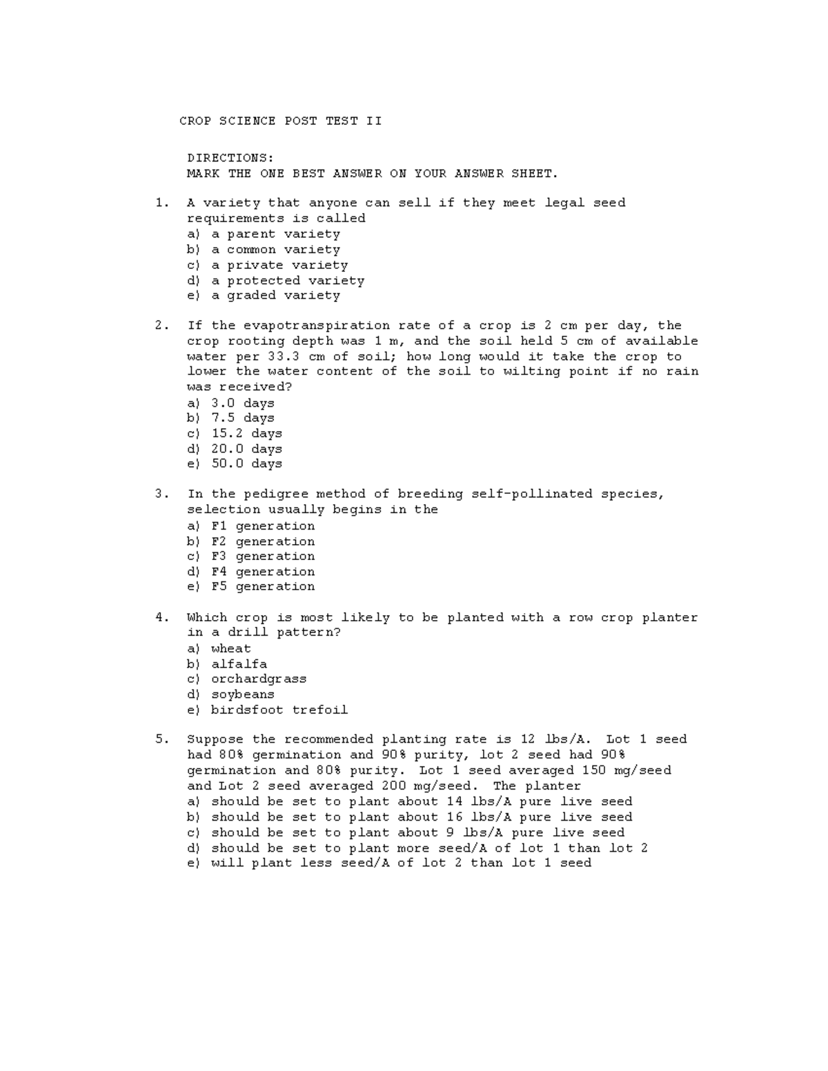 CROP SCI POST TEST II - LEA - CROP SCIENCE POST TEST II DIRECTIONS ...