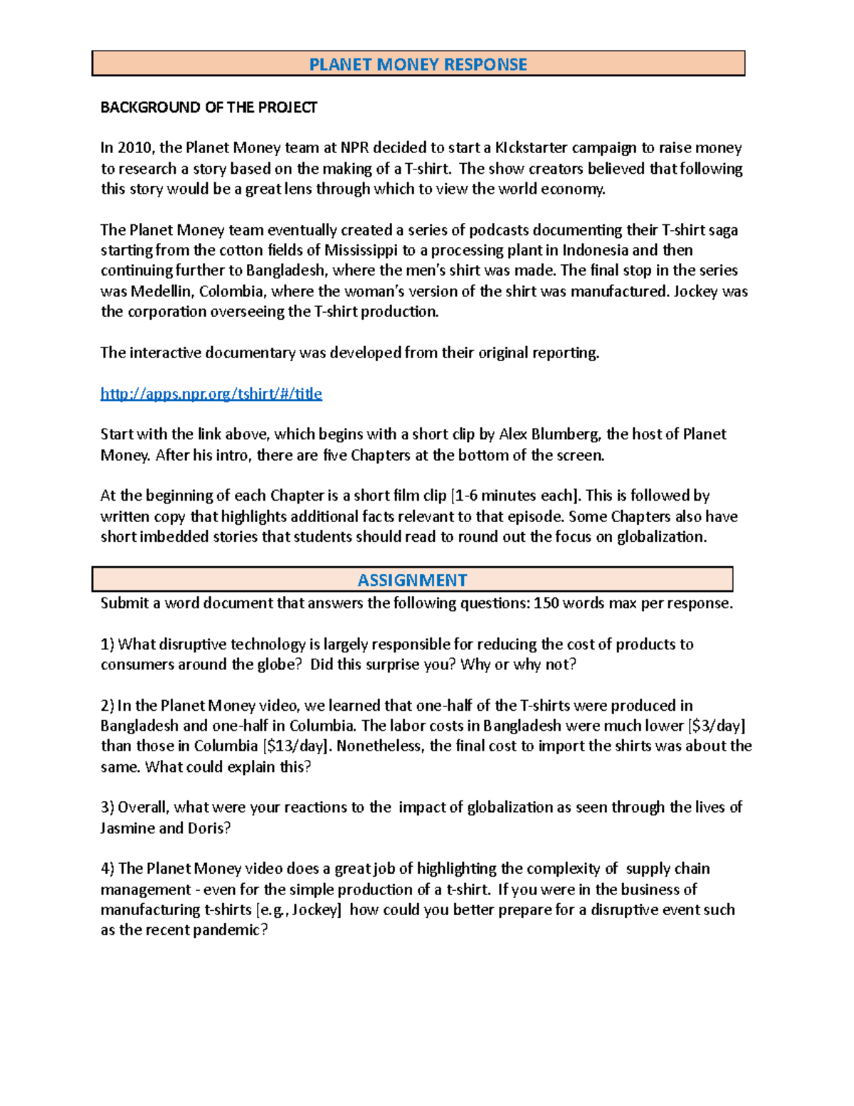 Planet Money Assignment-1 - PLANET MONEY RESPONSE BACKGROUND OF THE ...