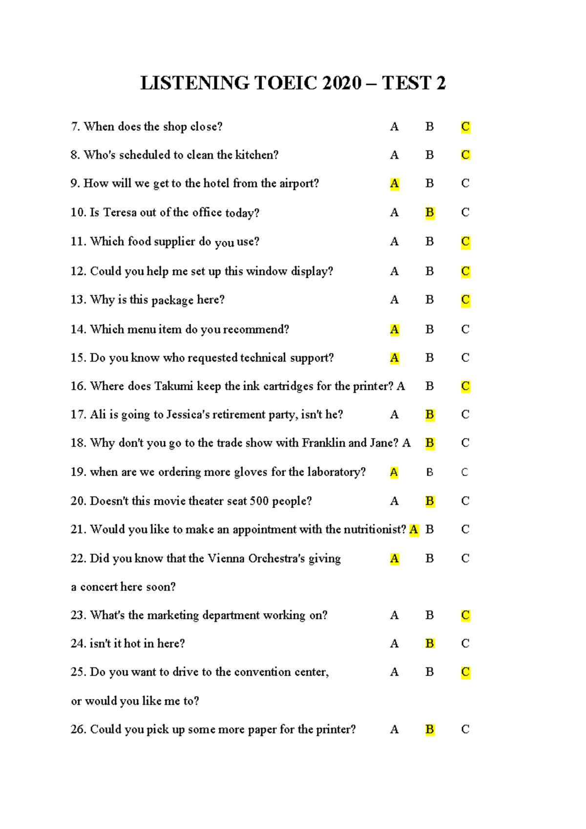 WEEK 6 - Listening Toeic 2020 - TEST2 - LISTENING TOEIC 2020 – TEST 2 ...