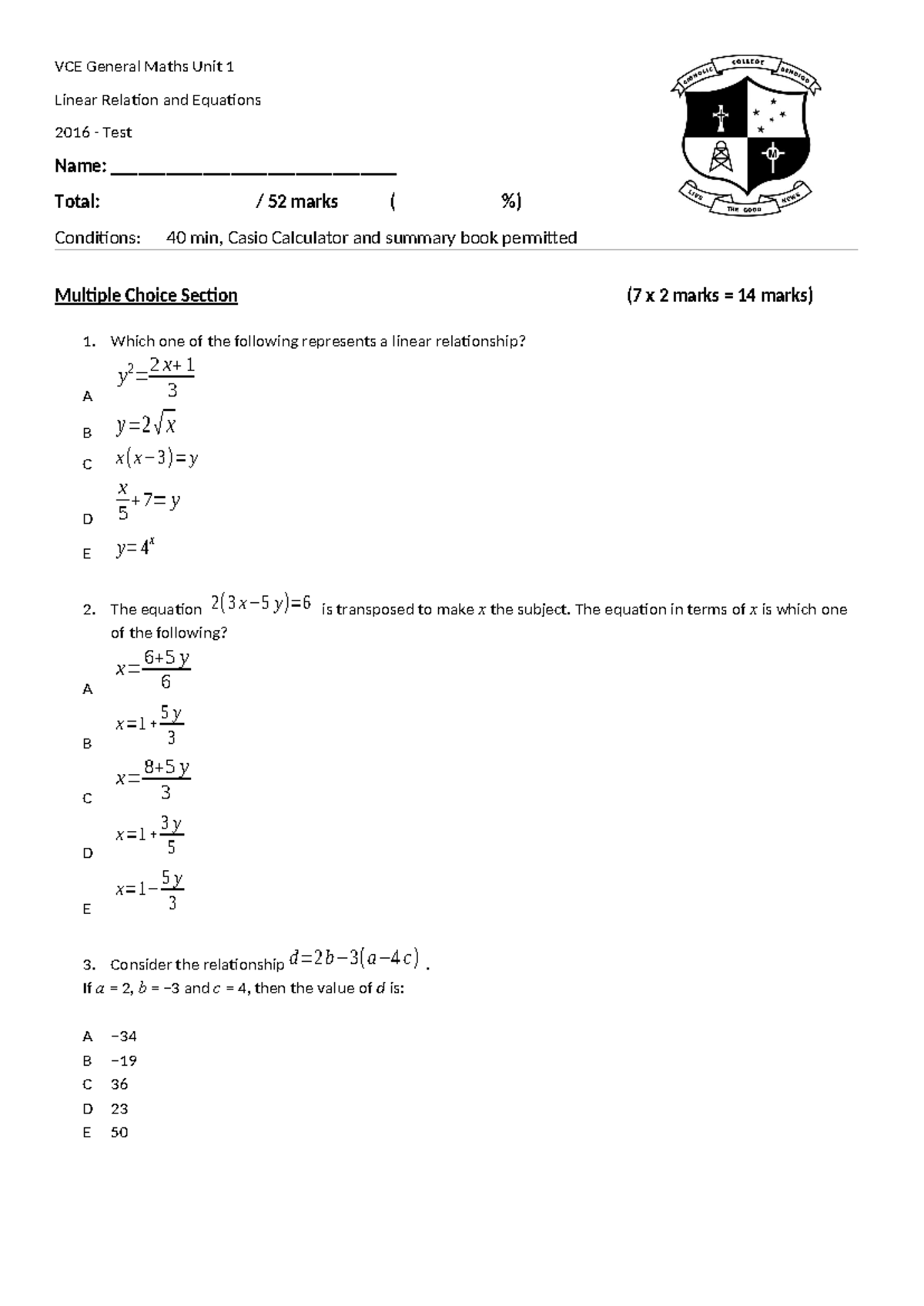 2016 linear relations and equations test - ####### VCE General Maths ...
