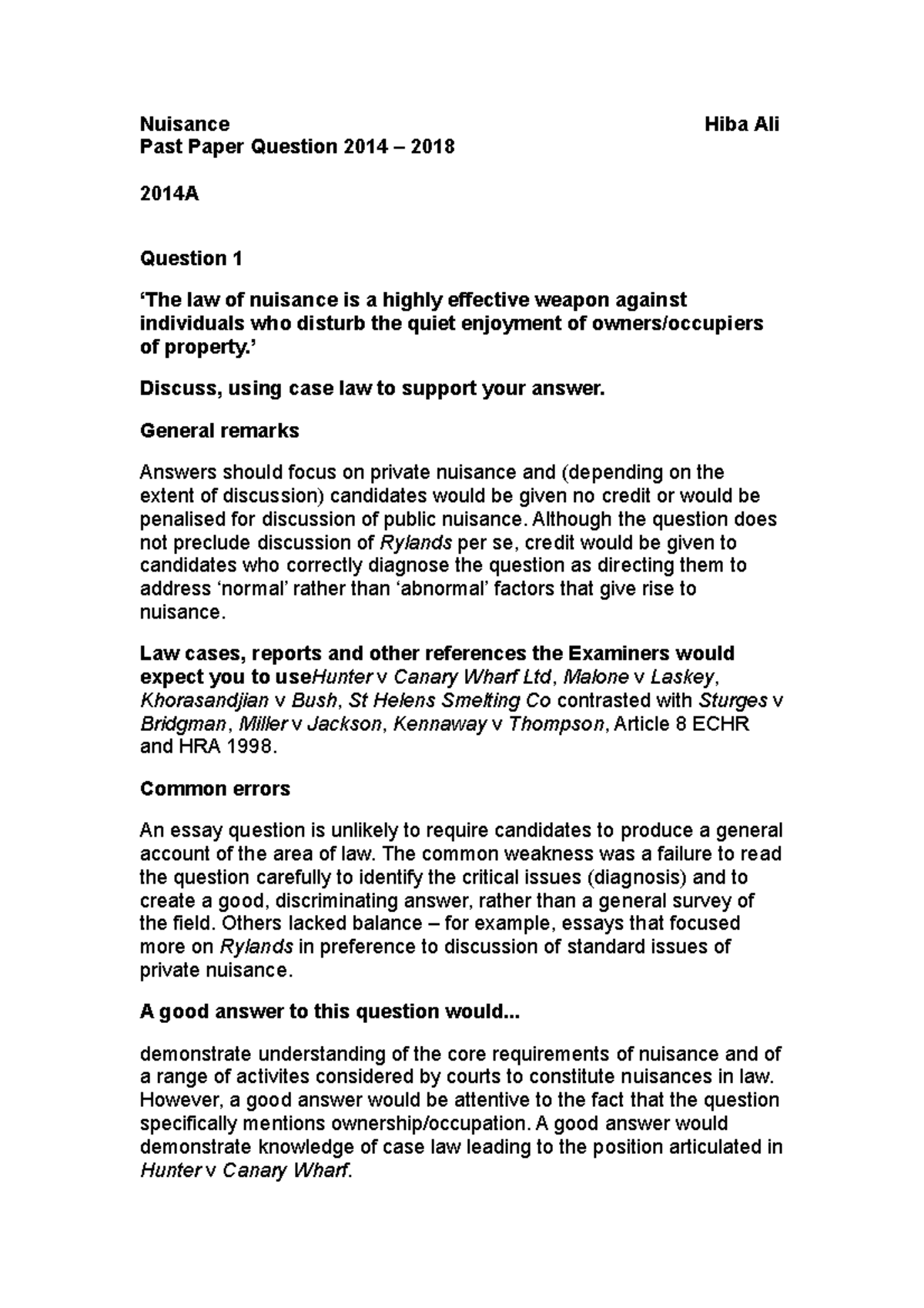 Exam 2019, questions and answers - Nuisance Past Paper Question 2014 ...