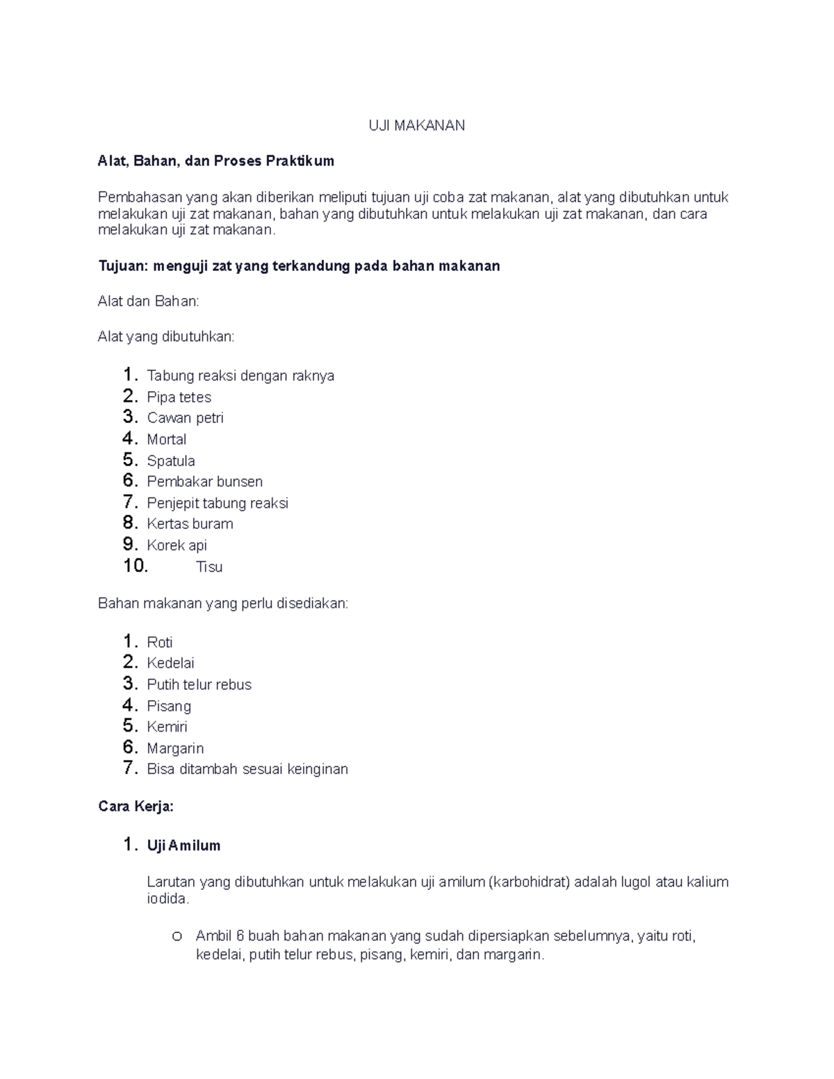 UJI Makanan - UJI MAKANAN Alat, Bahan, dan Proses Praktikum Pembahasan ...