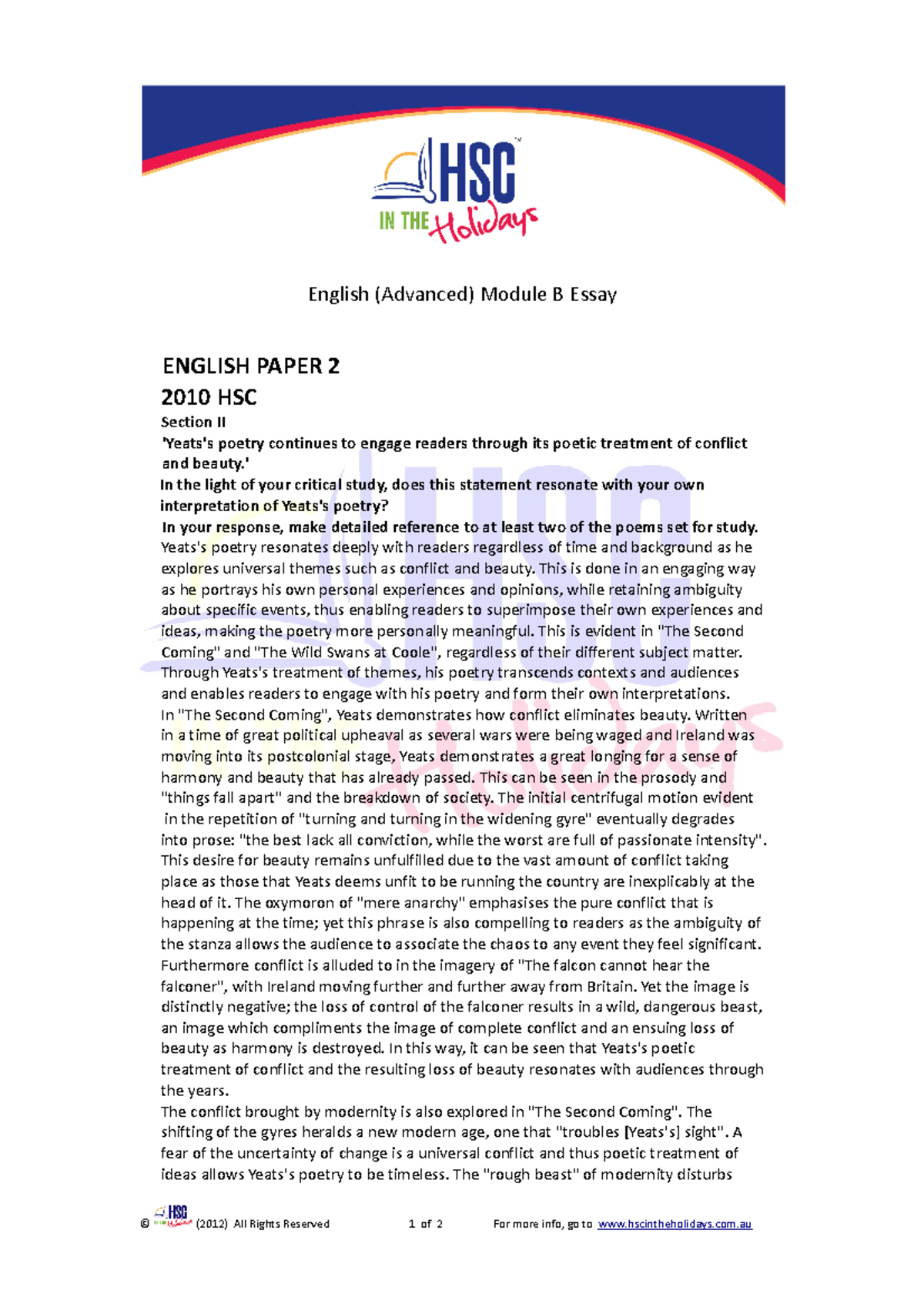 Adv Eng-Mod-B-Essay Yeats-2 - English (Advanced) Module B Essay ENGLISH ...