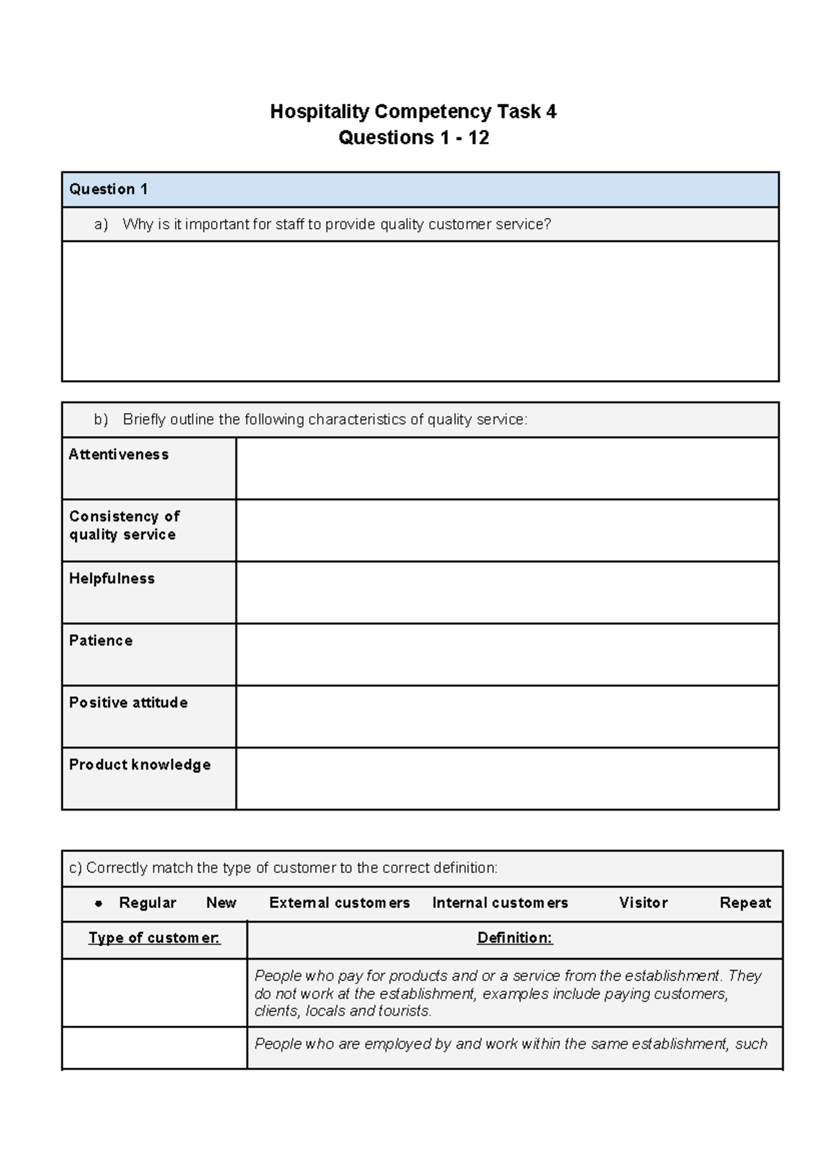 Hospitality Competency Task 4 Q 1-12 - Hospitality Competency Task 4 ...