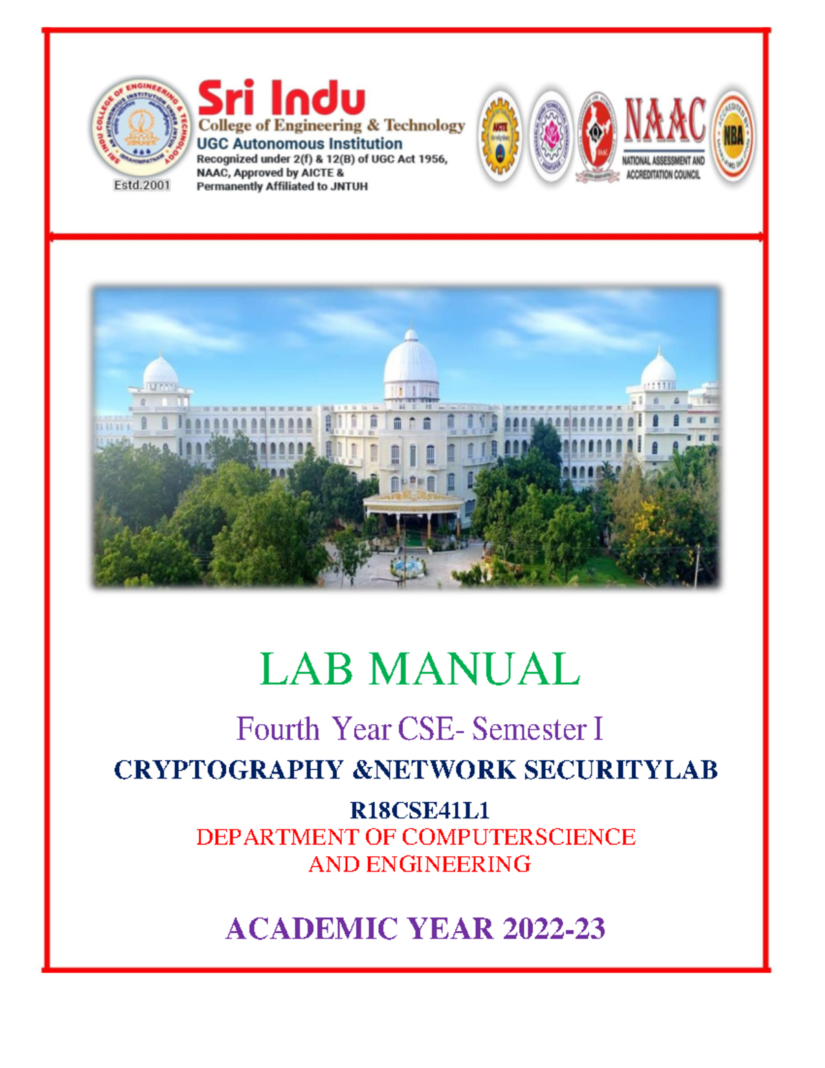 Crytography Network Security Lab - LAB MANUAL Fourth Year CSE- Semester I CRYPTOGRAPHY &NETWORK ...
