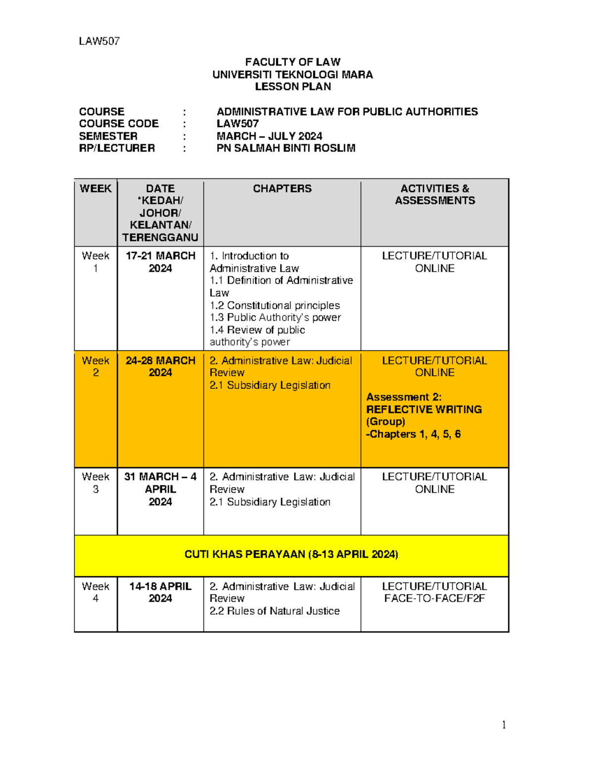 Lesson PLAN LAW507 March- August 2024 - FACULTY OF LAW UNIVERSITI ...