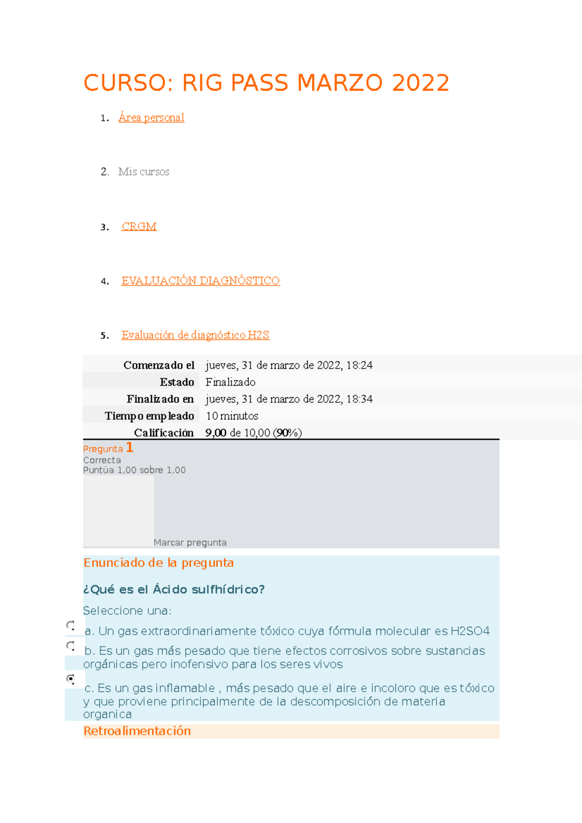 Diagnostico h2s - PERFORACION - CURSO: RIG PASS MARZO 2022 Área ...