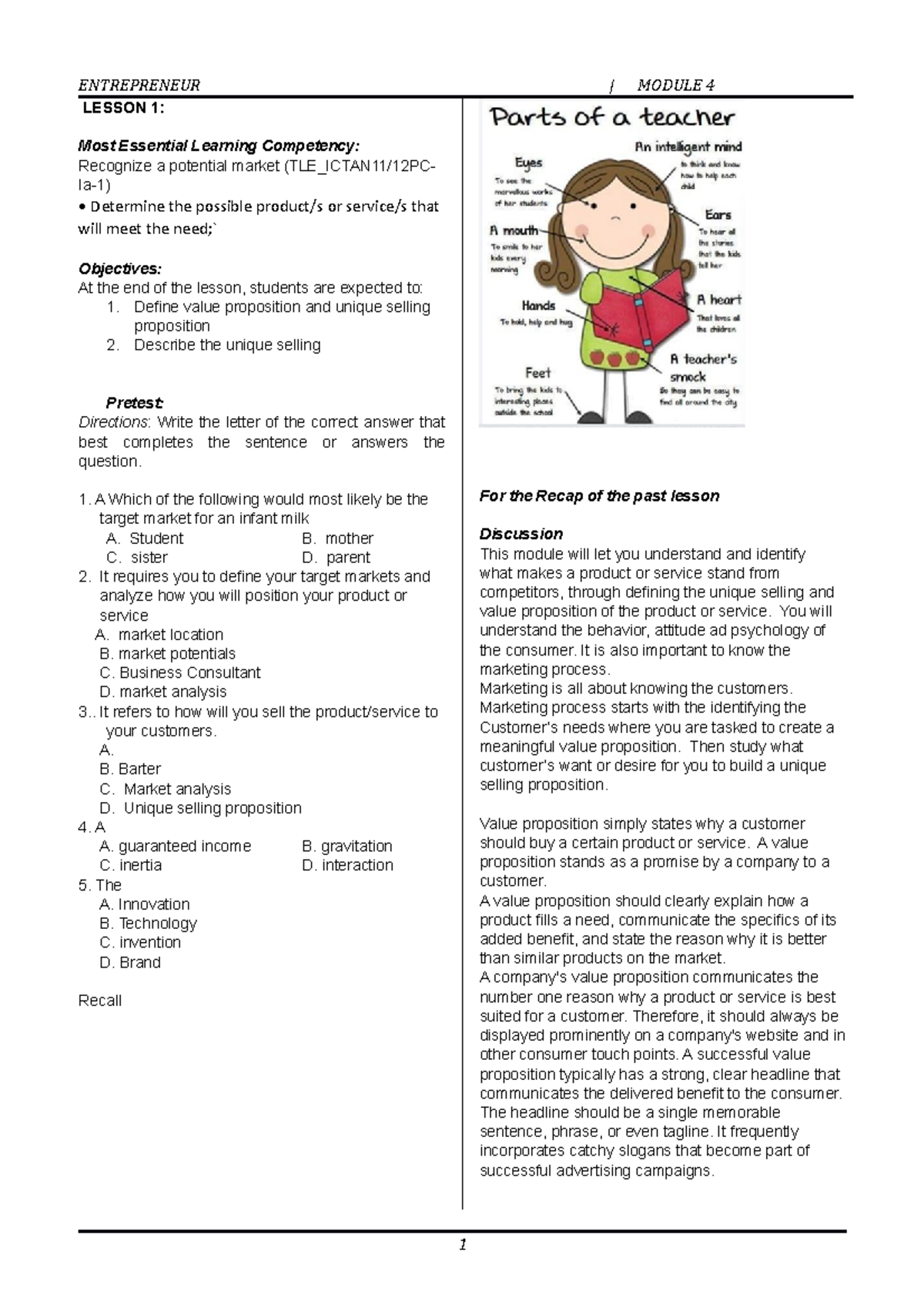 Entrep Lesson 4 potential market Copy - ENTREPRENEUR | MODULE 4 LESSON 1: Most Essential ...