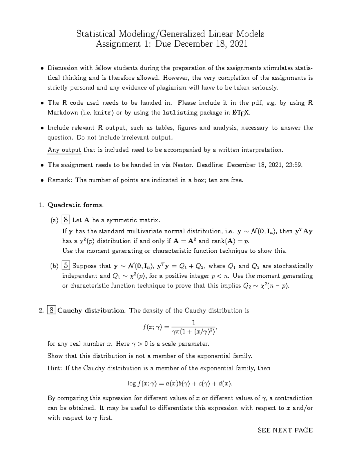 Assignment 1 Statistical Modelling GLM 2021 - Statistical Modeling ...
