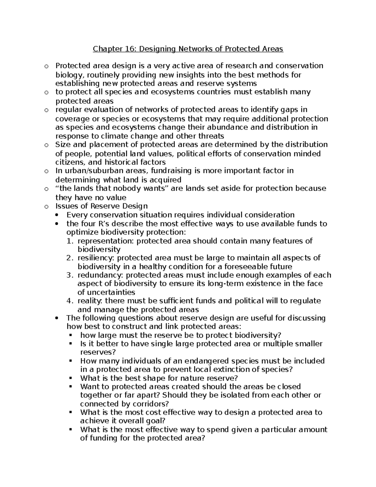 Chapter 16 Notes - Chapter 16: Designing Networks of Protected Areas o ...