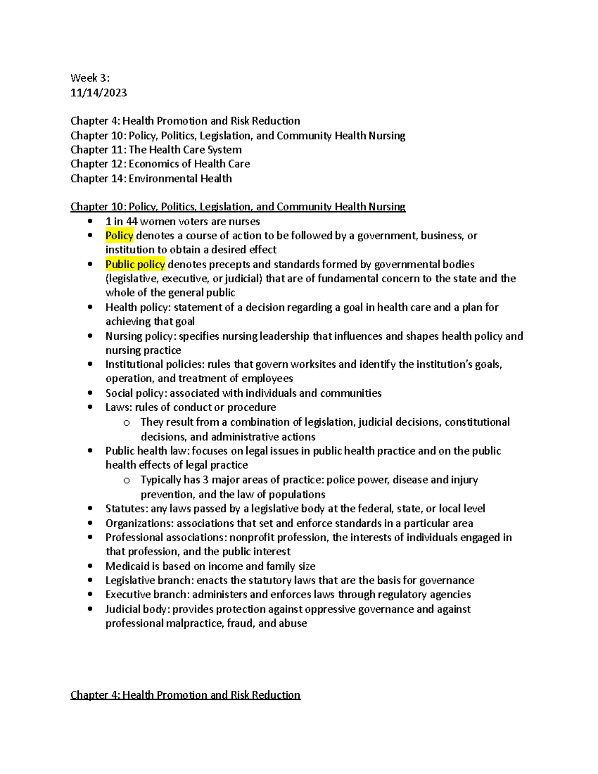 NR 442 Week 3 Notes - Week 3: 11/14/ Chapter 4: Health Promotion and ...