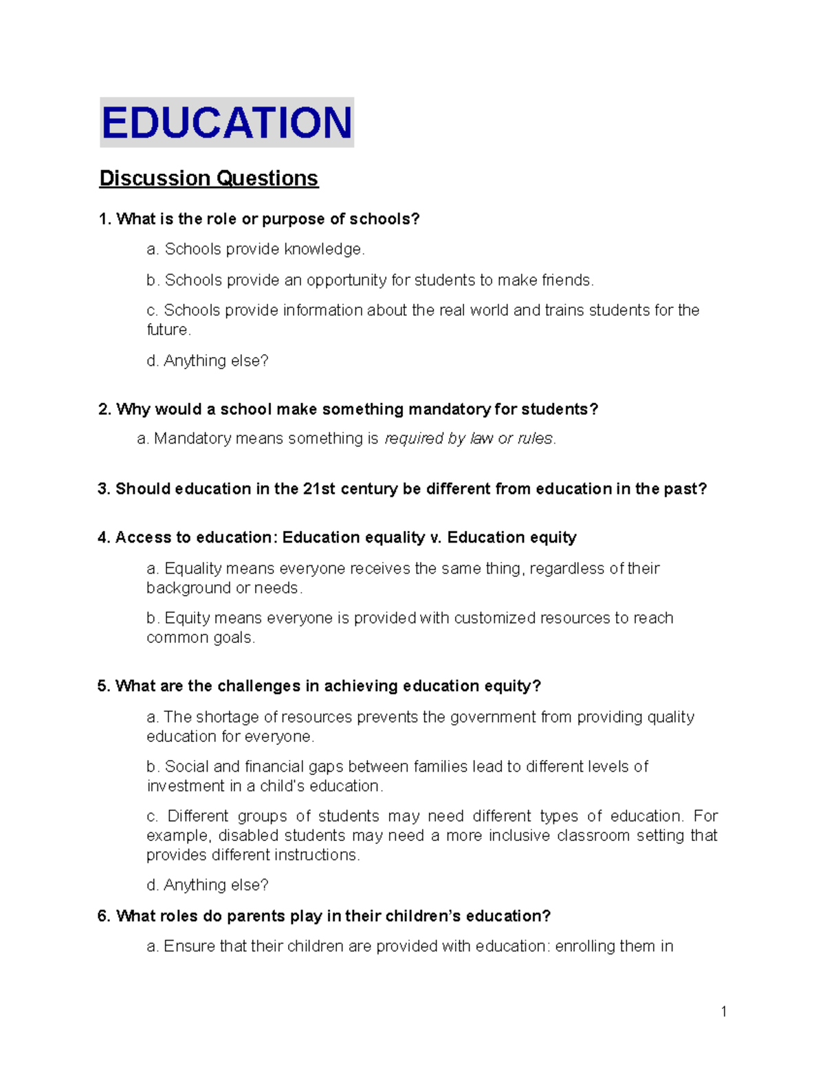 Education From Reading to Writing - EDUCATION Discussion Questions What ...